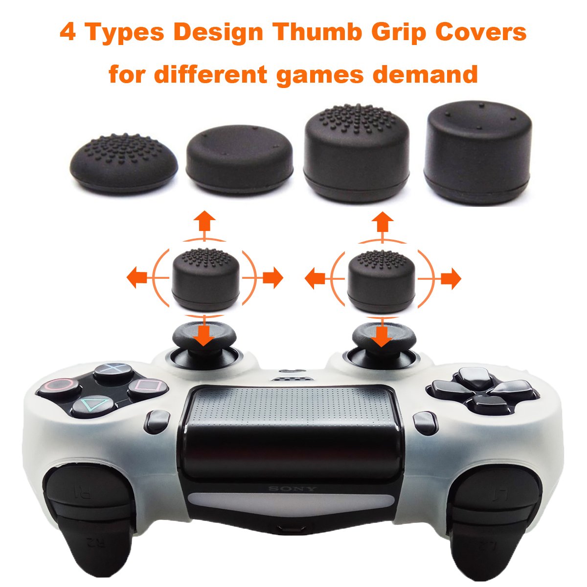 Pandaren PS4 Controller Grips for PS4 Video Games Controllers Studded Anti-Slip Silicone Cover Skin Set Compatible for PS4 /Slim/PRO Controller(White Controller Skin x 1 + FPS PRO Thumb Grips x 8)