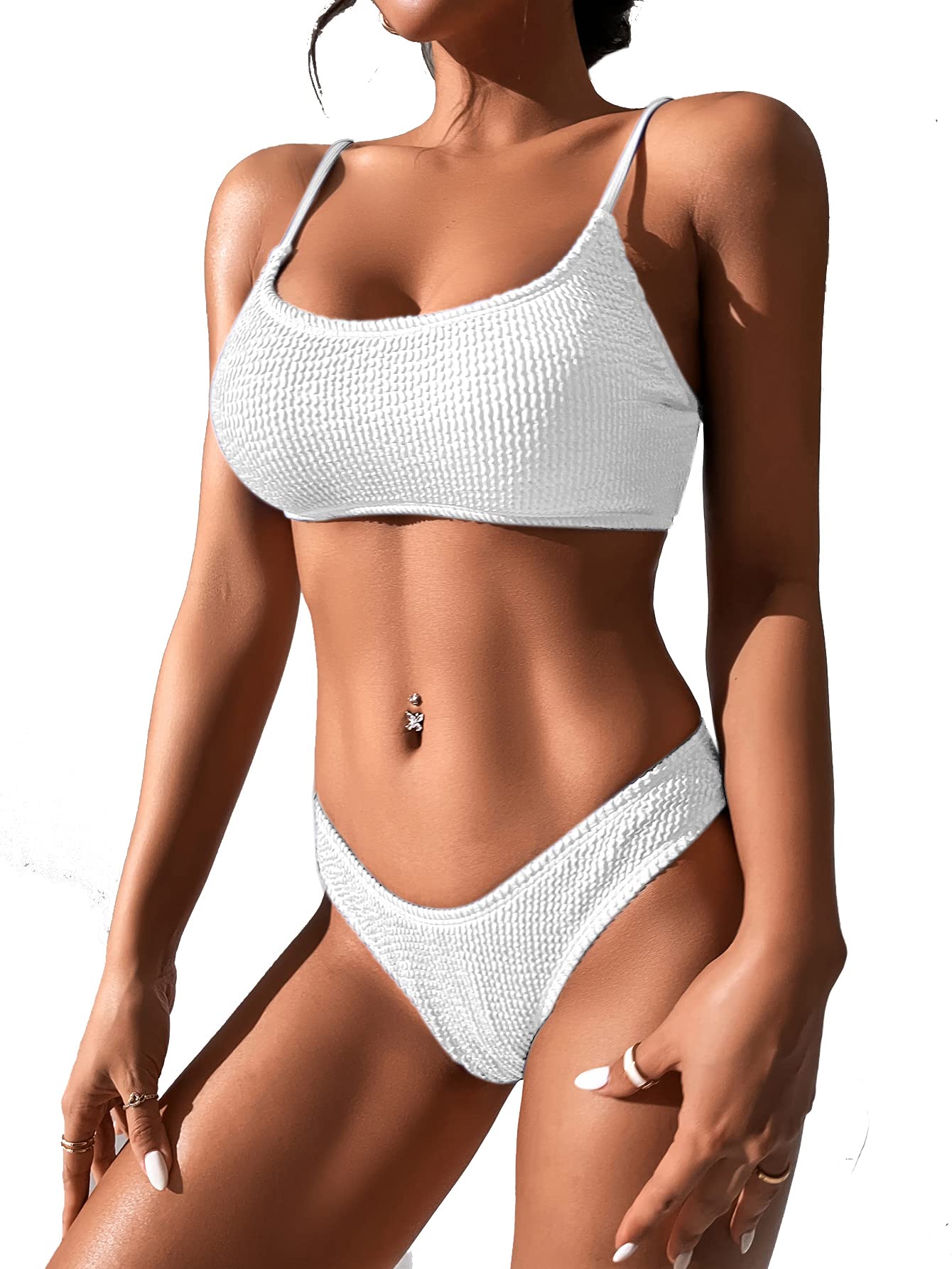 SherryDC Women's Textured Scoop Neck Padded High Cut Thong Bikini Swimsuit White