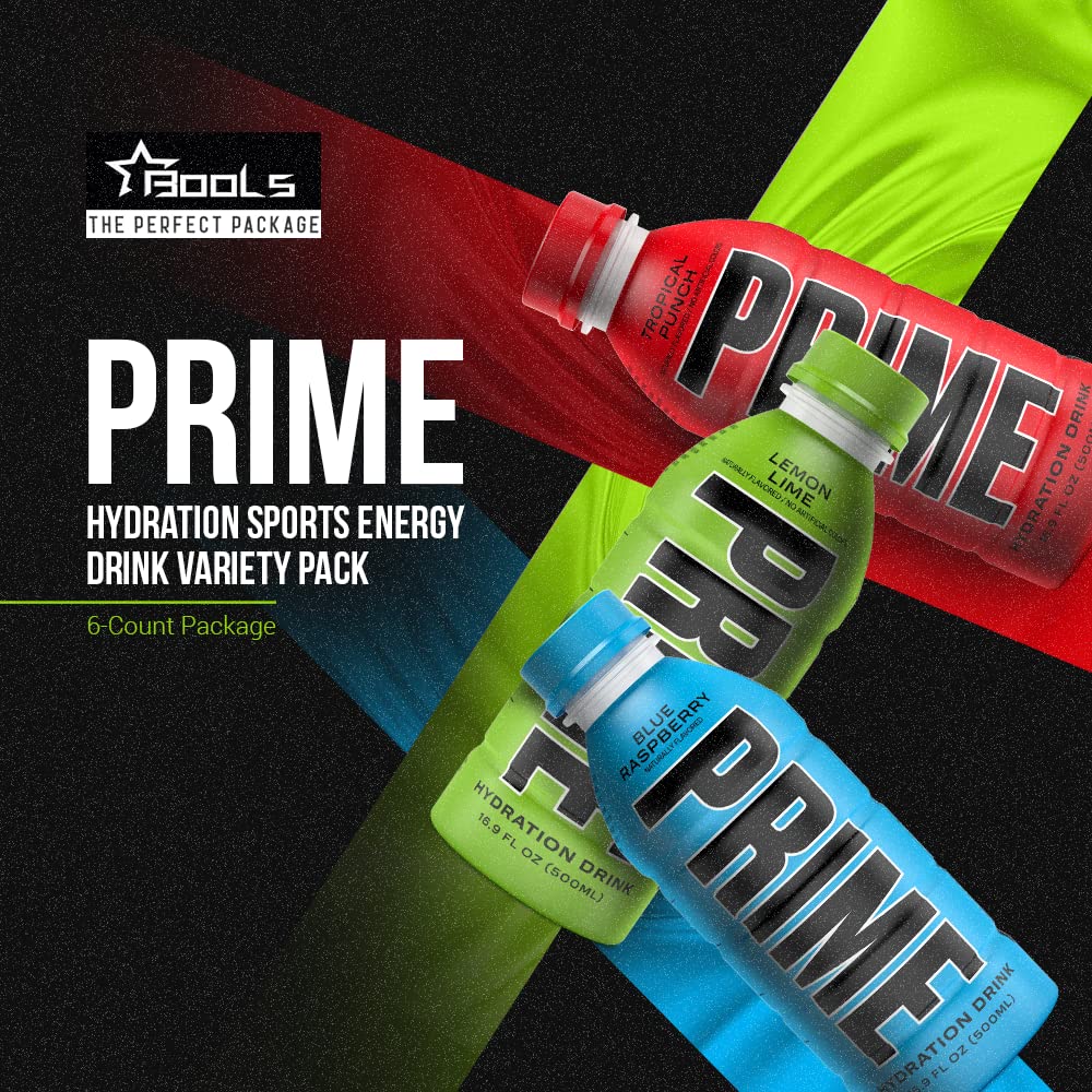 Prime Hydration Sports Drink Variety Pack - Energy Drink, Electrolyte Beverage - Lemon Lime, Tropical Punch, Blue Raspberry - 16.9 Fl Oz 6 Pack Packaged by BOOLS