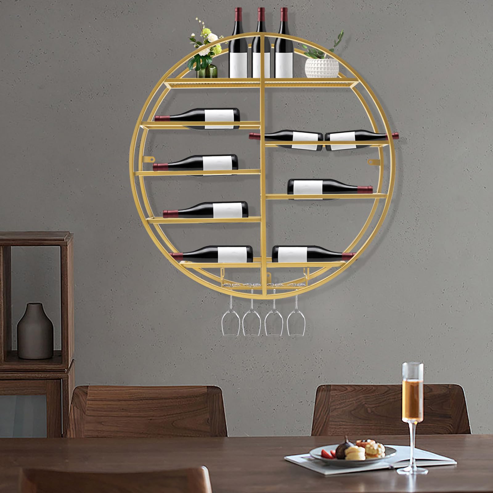 Wine Shelf Wall Mounted, Round Wine Glass Rack Wall Mounted, Metal Hanging Wine Display Holder Organizer, Gold Wine Racks for Home Kitchen Bar Decor Storage, Suitable Goblet Diameter:2.76-3.54in