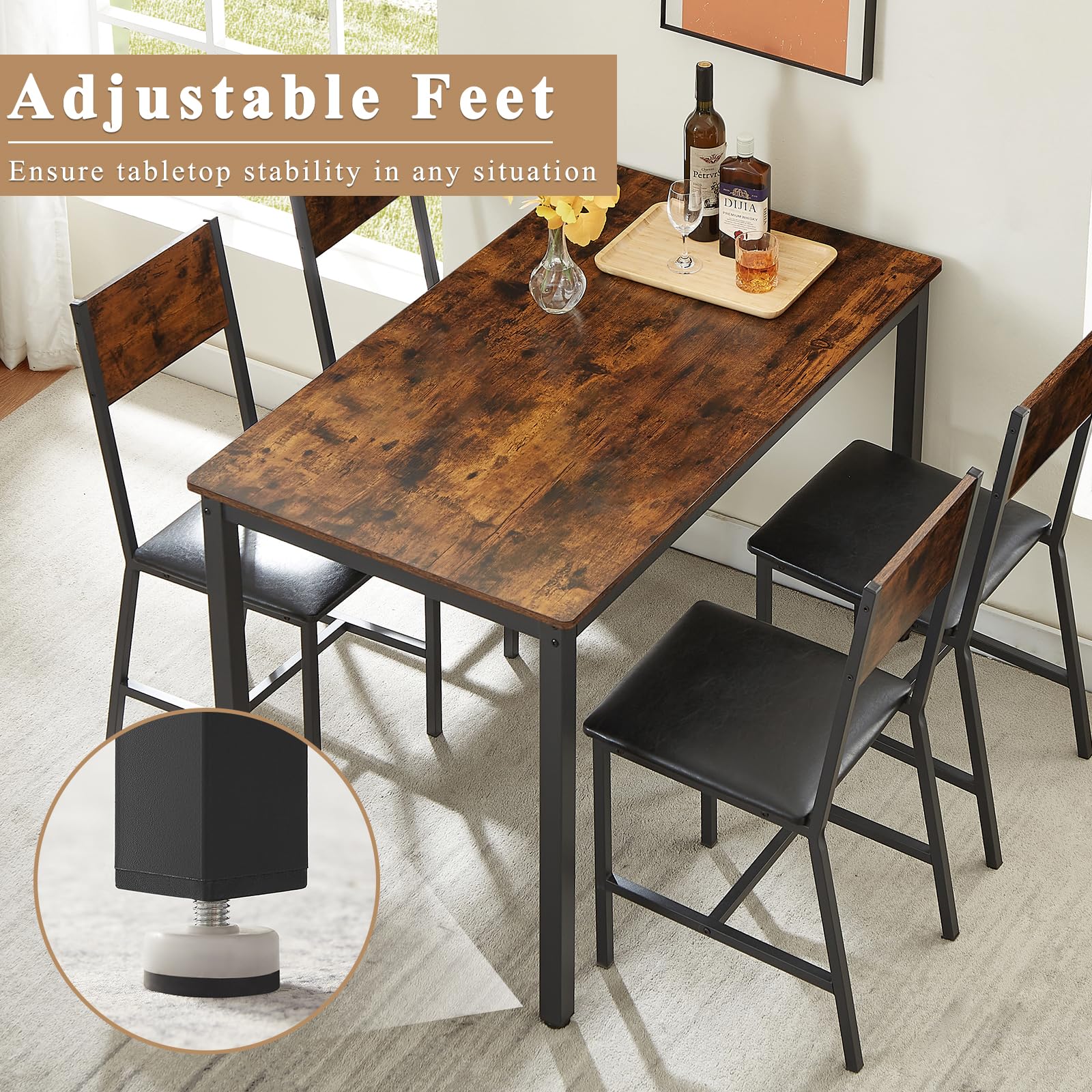 Rovibek 4 Chairs Dining Table Set for 4-8, Modern Space Saving Kitchen Desk, Wooden Industrial Style Farmhouse, 47", Leather Black Brown