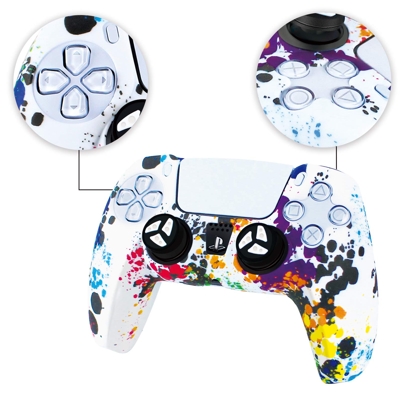 SIKEMAY Silicone Printing Cover Skin for PS5 Controller Grip, Protective Case for Playstation 5 Accessories with 10 Thumb Grip Caps(White Camouflage)