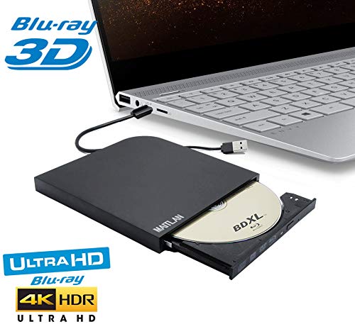 Ultra Slim External 4K UHD HD 3D Blu-ray Disc Player, USB Type-A & Type-C USB-C 2-In-1 6X BD-R BD-RE DL BDXL 100GB DVD-R M-Disc Burner Portable Optical Drive, for Windows 10 Mac OS Laptop & Desktop PC