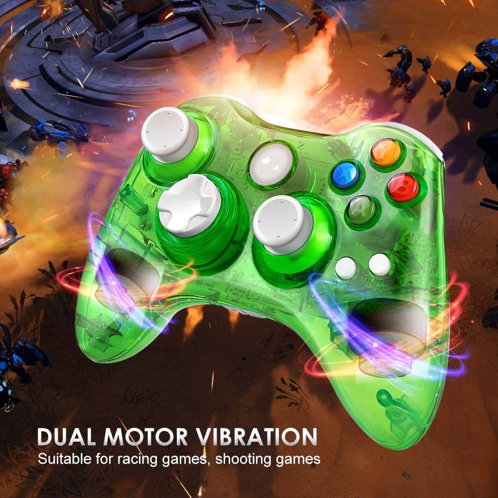 Wireless Controller for Xbox 360, PowerLead Wireless Gamepad Vibration Shock for Microsoft Xbox 360/Windows/PC with 7 LED flashing lights (Green)