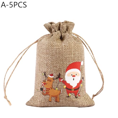 Tainrunse 5Pcs Candy Bag Drawstring Cartoon Print Resistant Azabu Christmas Gift Wrapping Bags for Christmas Xmas Gift Bag