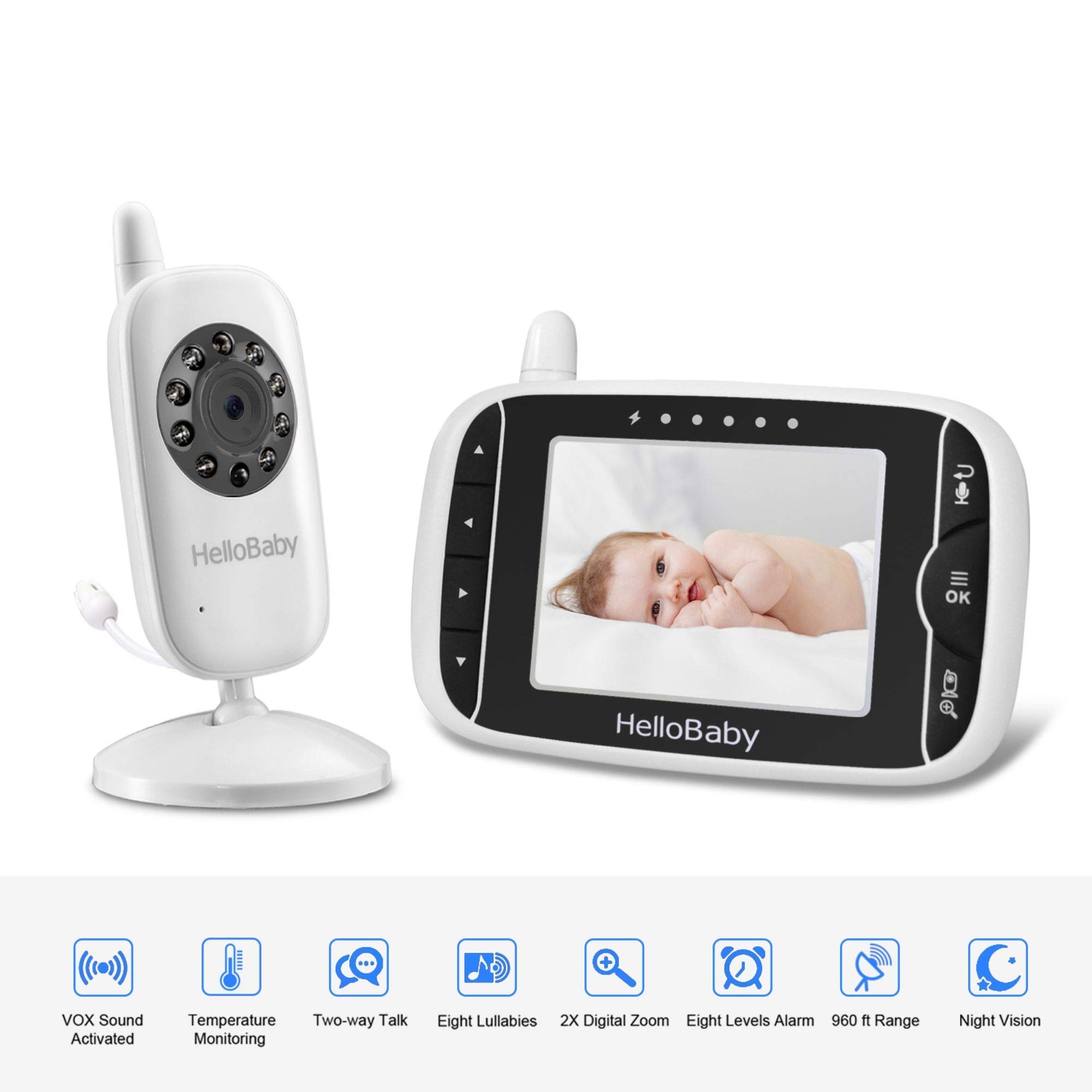 Video Baby Monitor with Camera and Audio | Keep Babies Nursery with Night Vision, Talk Back, Room Temperature, Lullabies, 960ft Range and Long Battery Life