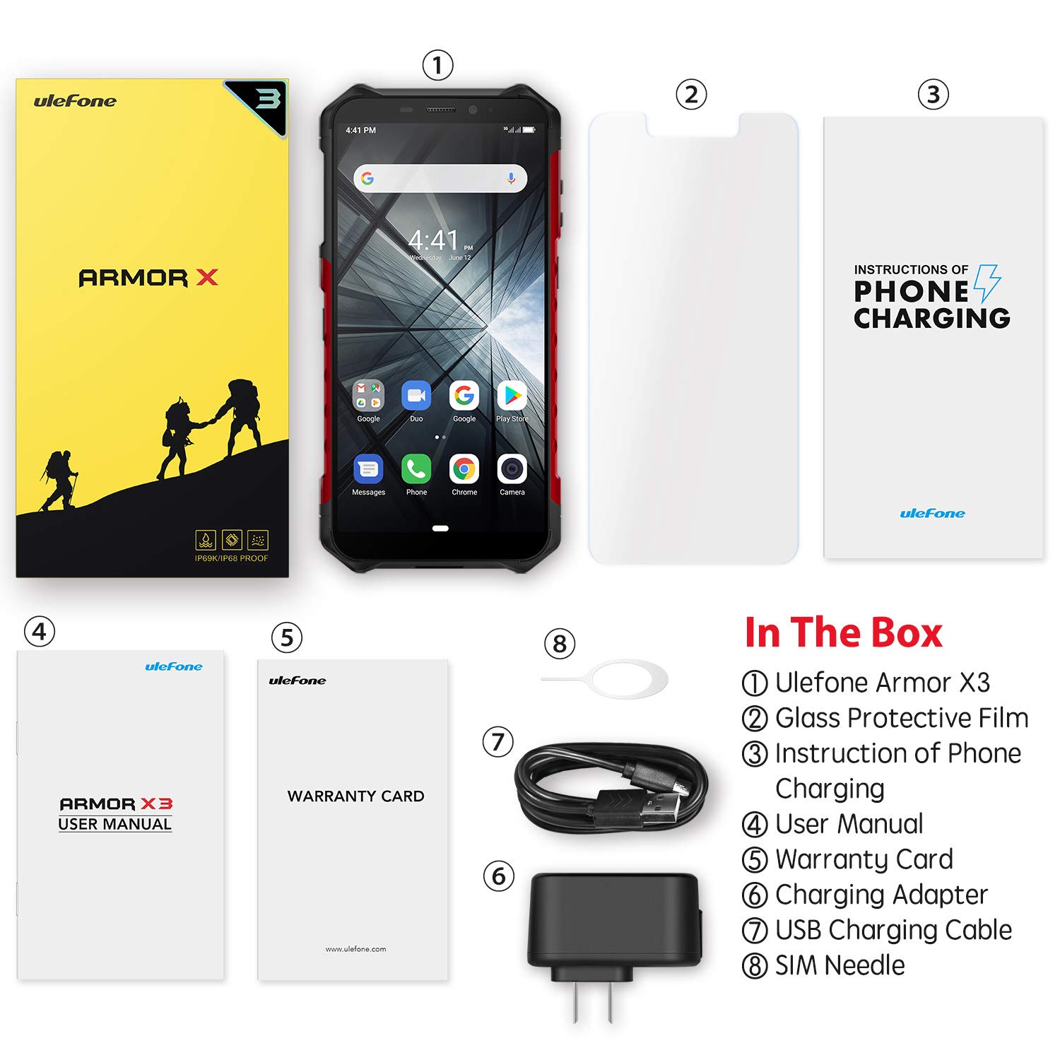 Ulefone Rugged Smartphone Unlocked, Armor X3 IP68 Waterproof Cell Phone, 5.5 inch HD+ Screen 2GB+32GB Android 9.0 5000mAh Battery Global 3G Dual SIM Dual Cameras Face ID Compass+GPS Shockproof (Red)