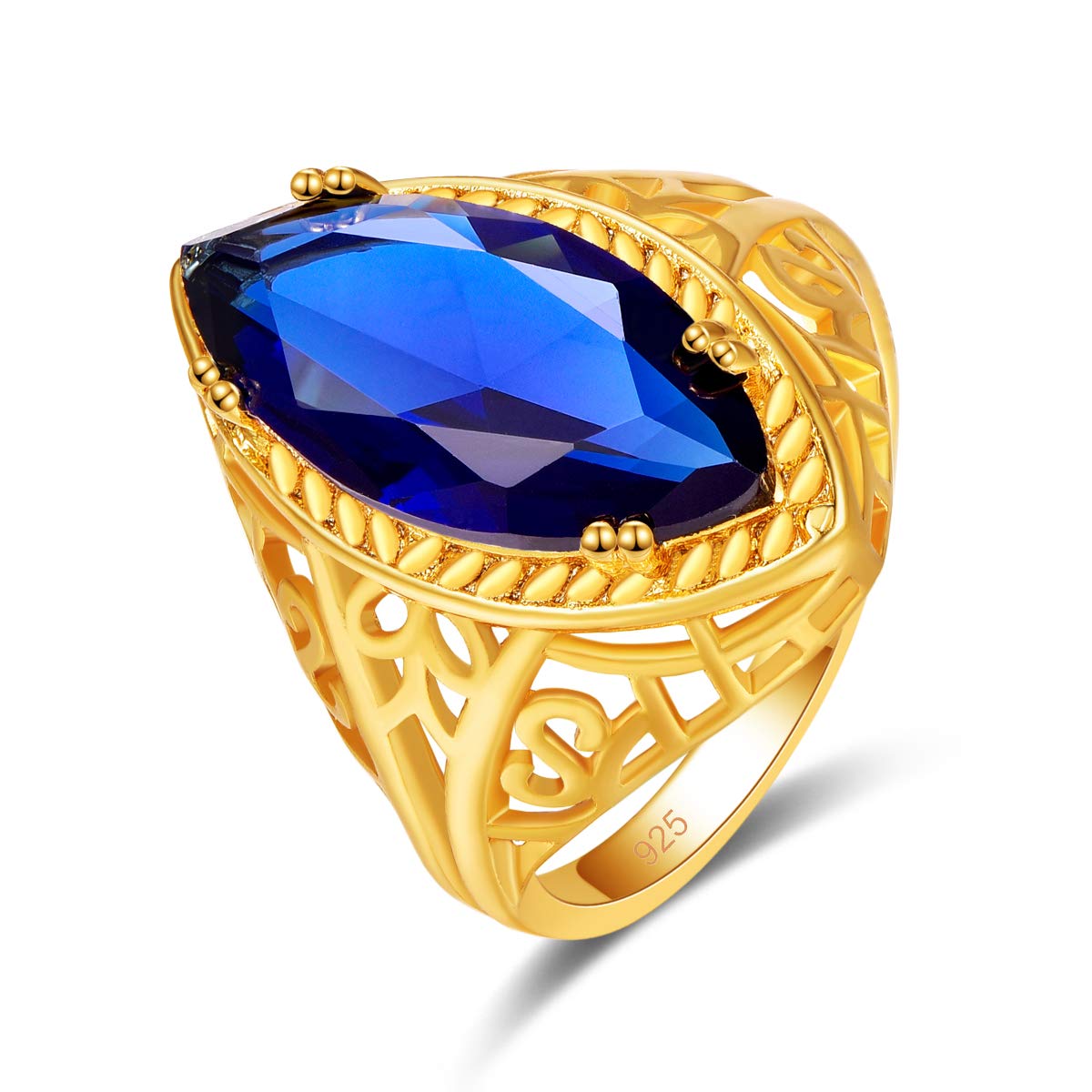 Psiroy Yellow Gold Plated Marquise Cut Simulated Blue Sapphire Quatrz Statement Ring for Women Size 7