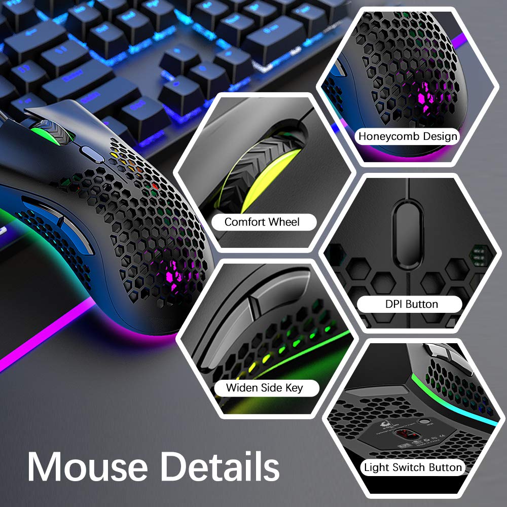 Wired Lightweight Gaming Mouse,Ultralight Honeycomb Shell Ultraweave Cable,7 Buttons Programmable Driver,Pixart 3325 12000 DPI,10 RGB Backlit Computer Mouse for PC Gamers and Xbox and PS4 Users(Black)