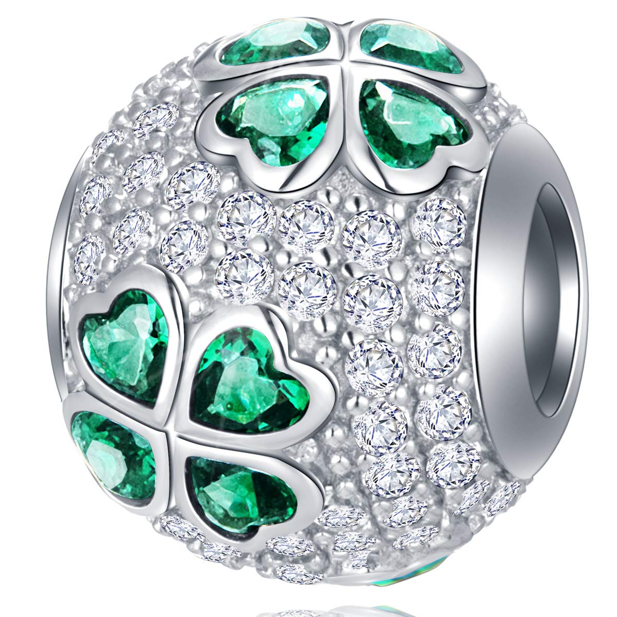 Sparkling Irish Four Leaf Clover Charms fits Pandora Ireland St Patricks Day Bracelet - Pave Green Hearts Shamrock CZ Ball Beads in 925 Sterling Silver, Gifts for Mother/Valentines Day
