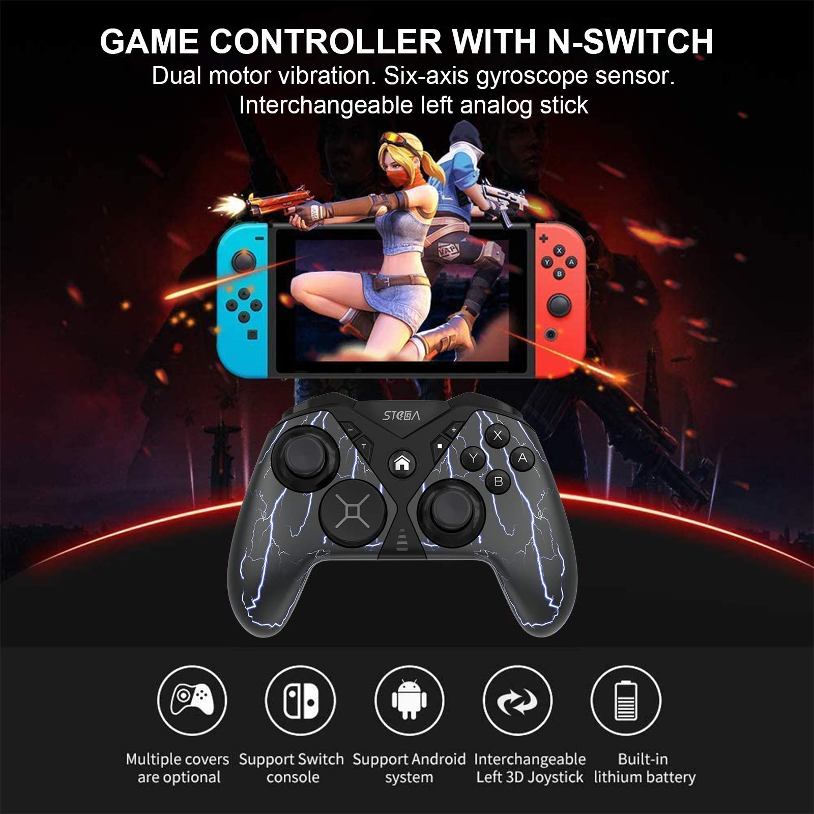 Wireless Controller for Switch/Switch Lite, STOGA Pro Controller Compatible with Nintendo Switch with Motion Control and Dual Vibration, DIY Replaceable Cases (Black)