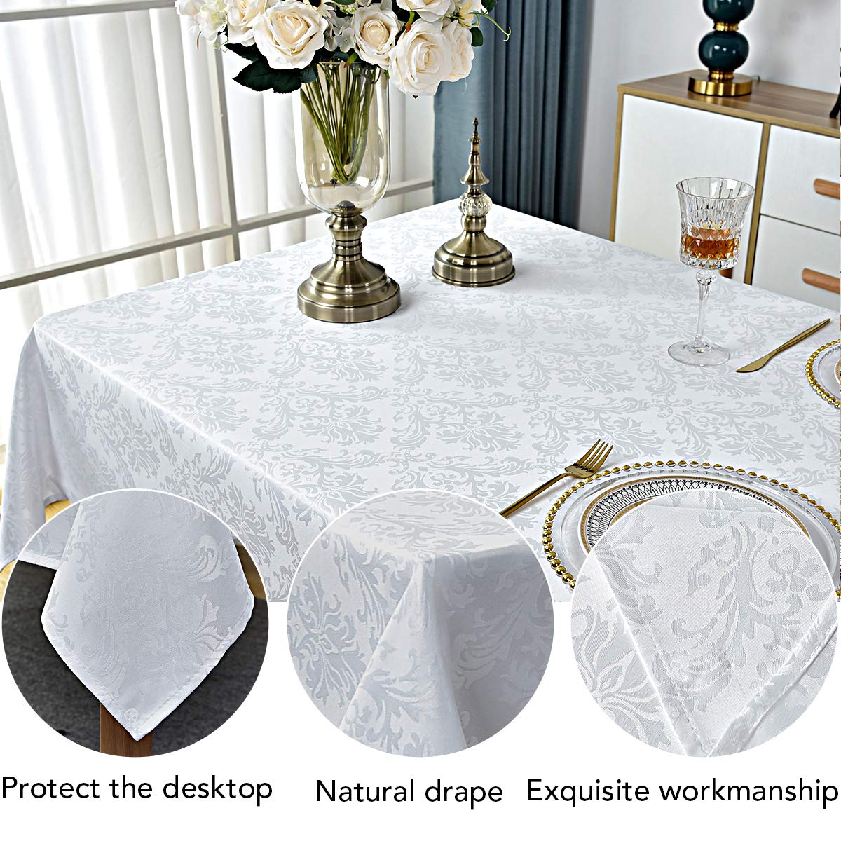 Rectangle Table Cloth - 52 x 70 Inch White Jacquard Tablecloths Damask Design Spillproof Wrinkle Resistant Shrinkproof Soft Tablecloth Polyester Oblong Table Cover for Kitchen Dinning Party Tabletop