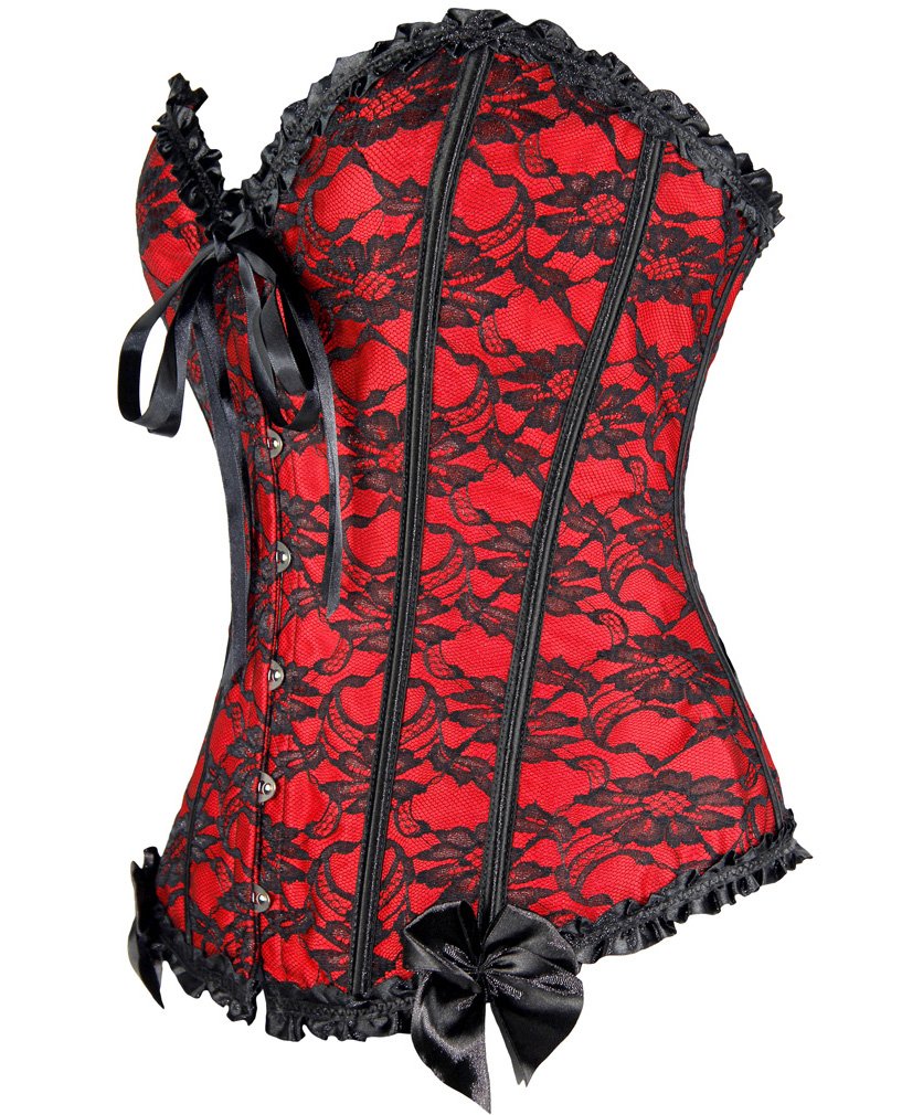 Pandolah Boned Lace up Back Sexy Corset for Women Lingerie Top Floral Bustier with G-String (2XL, Red)