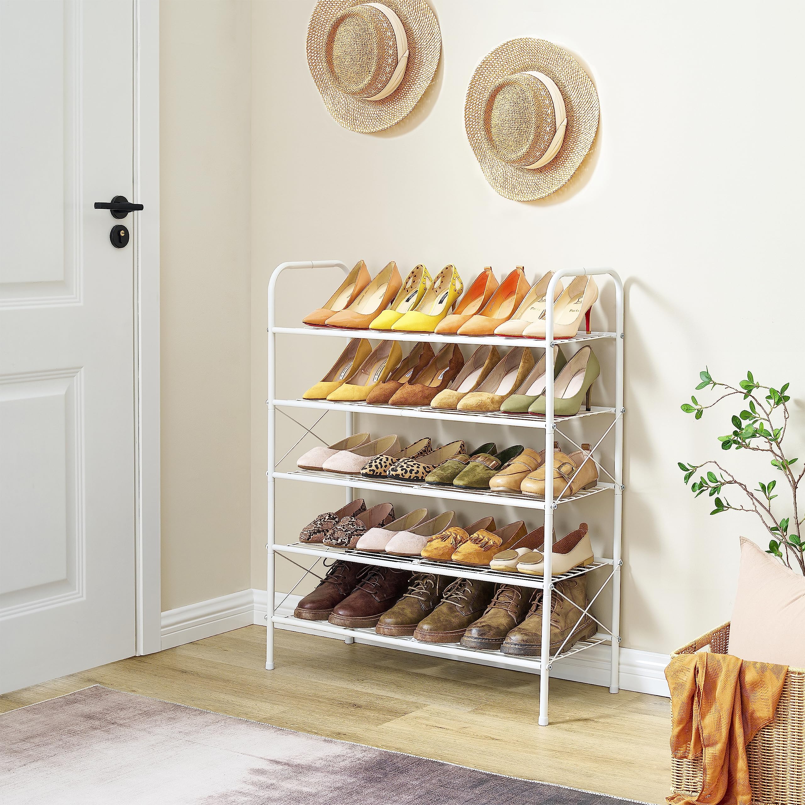 Tajsoon 5-Tier Freestanding Shoe Rack Organizer, Adjustable & Expandable Shoe Storage Shelf for Entryway, Metal Wire Grid with X Shape Fixed Frame, White