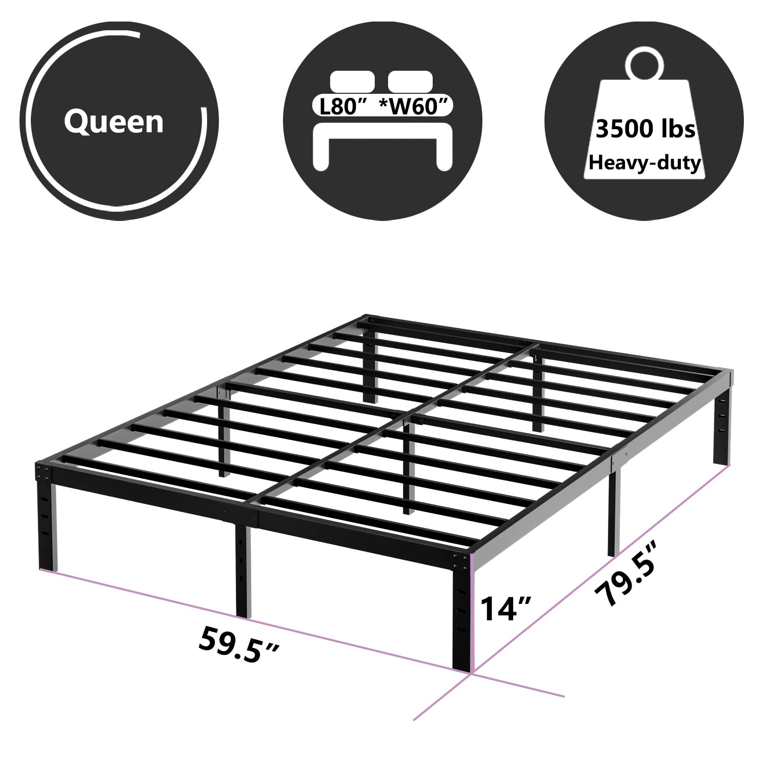 QUALEONA Bed-Frame-Queen, Metal Platform Queen-Size-Bed-Frame, No Box Spring Needed, Heavy Duty Steel Slat Support, Noise Free, Easy Quick Assembly, 14 Inch, Black