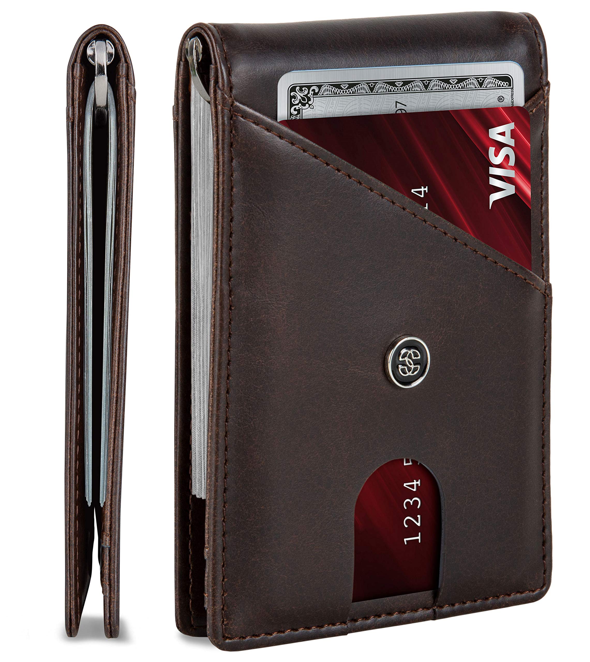 Suavell Leather Mens Wallet. Minimalist Wallet Credit Card Holder with Money Clip and RFID Wallet Protection. Slim Wallets Men Gifts (Whiskey Brown Ranger)