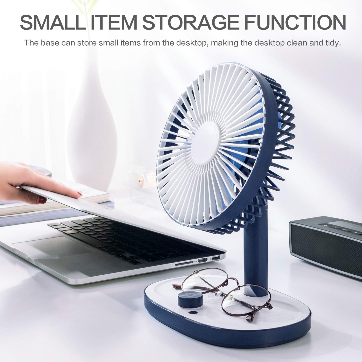 SmartDevil 6.5“ Small Desktop Fan, Personal Desk Fan With Storage Function, 2600mAh Battery Operated Table fan, Smart Timing Function, Stepless Speed Regulation, for Home, Office, Bedroom, Blue
