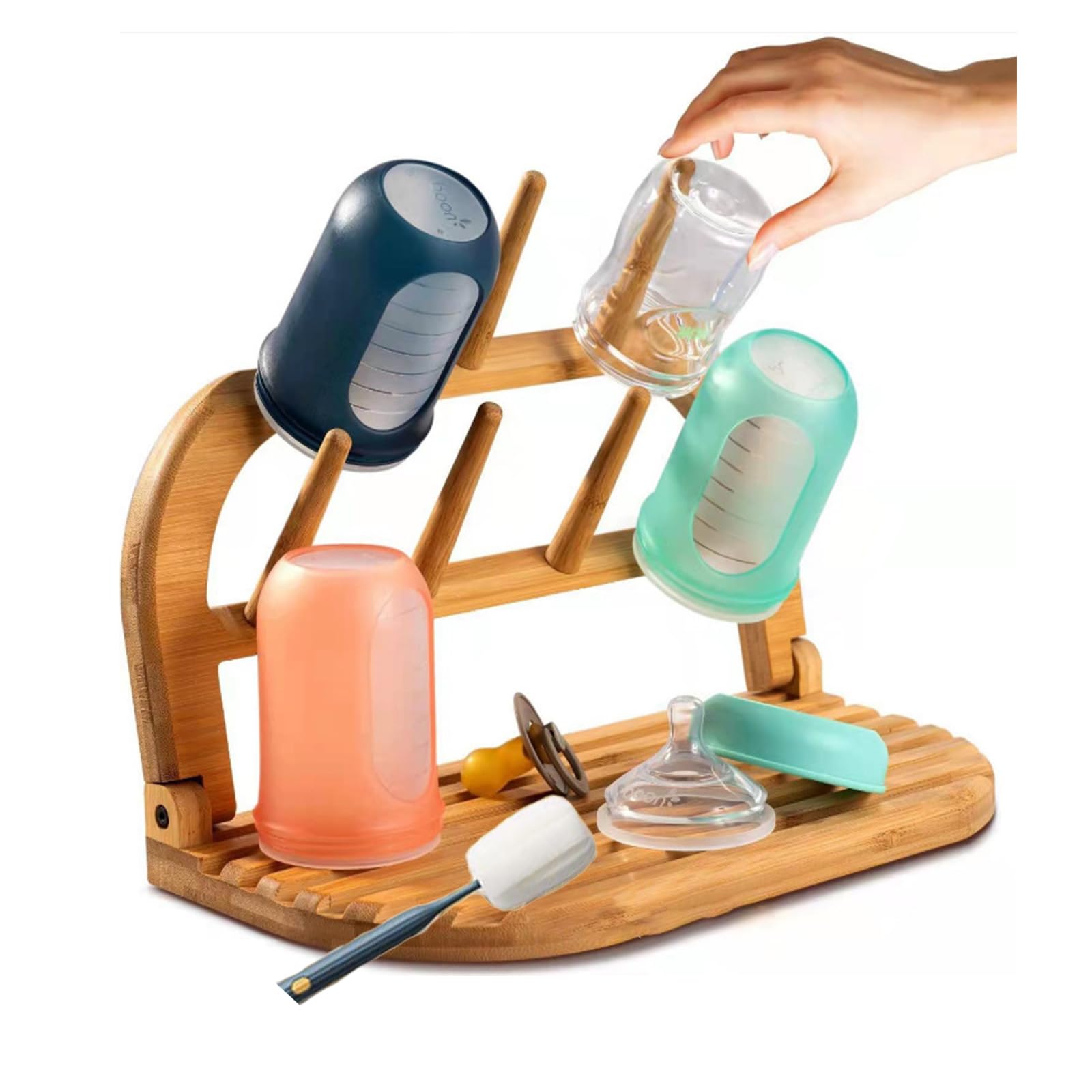 Tuehaeyi Baby Bottle Drying Rack Including Bottle Brush, Space Saving Bamboo Baby Bottle Rack Dryer, Portable Dryer Rack Organizer for Baby Bottles, Cups, Pacifiers Accessories, Gifts for Mom