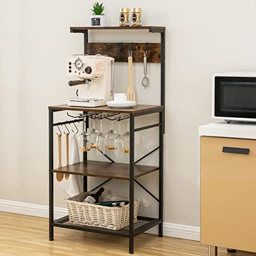 SUNTAGE Kitchen Baker's Rack, Microwave Stand with Storage Cabinet, Coffee Bar Station, Kitchen Shelf Organizer with 4-Tier Shelves, Wine Cup Holders, Kitchen Rack Rustic Brown