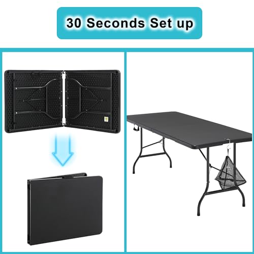 VECELO 6Ft Plastic Folding Table Heavy Duty Indoor Outdoor Portable Picnic Foldable Desk with Handle Mesh Trash Bag&Lock Legs for Camping, Dining&Party,Black