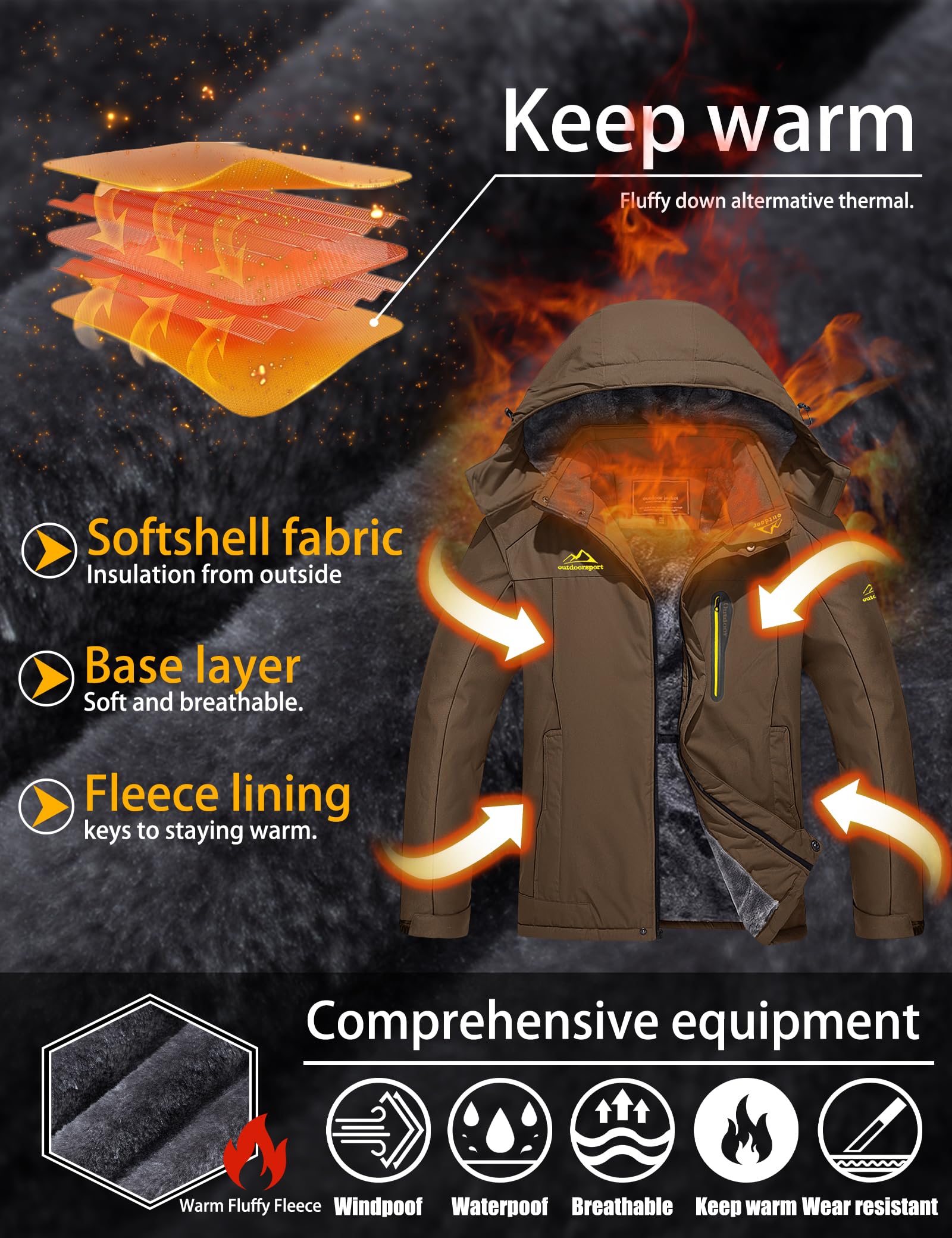 TACVASEN Winter Coats for Men Fleece Jacket Men Ski Jacket Windproof Snowboard Jacket Men Warm Softshell Jacket Brown 2XL