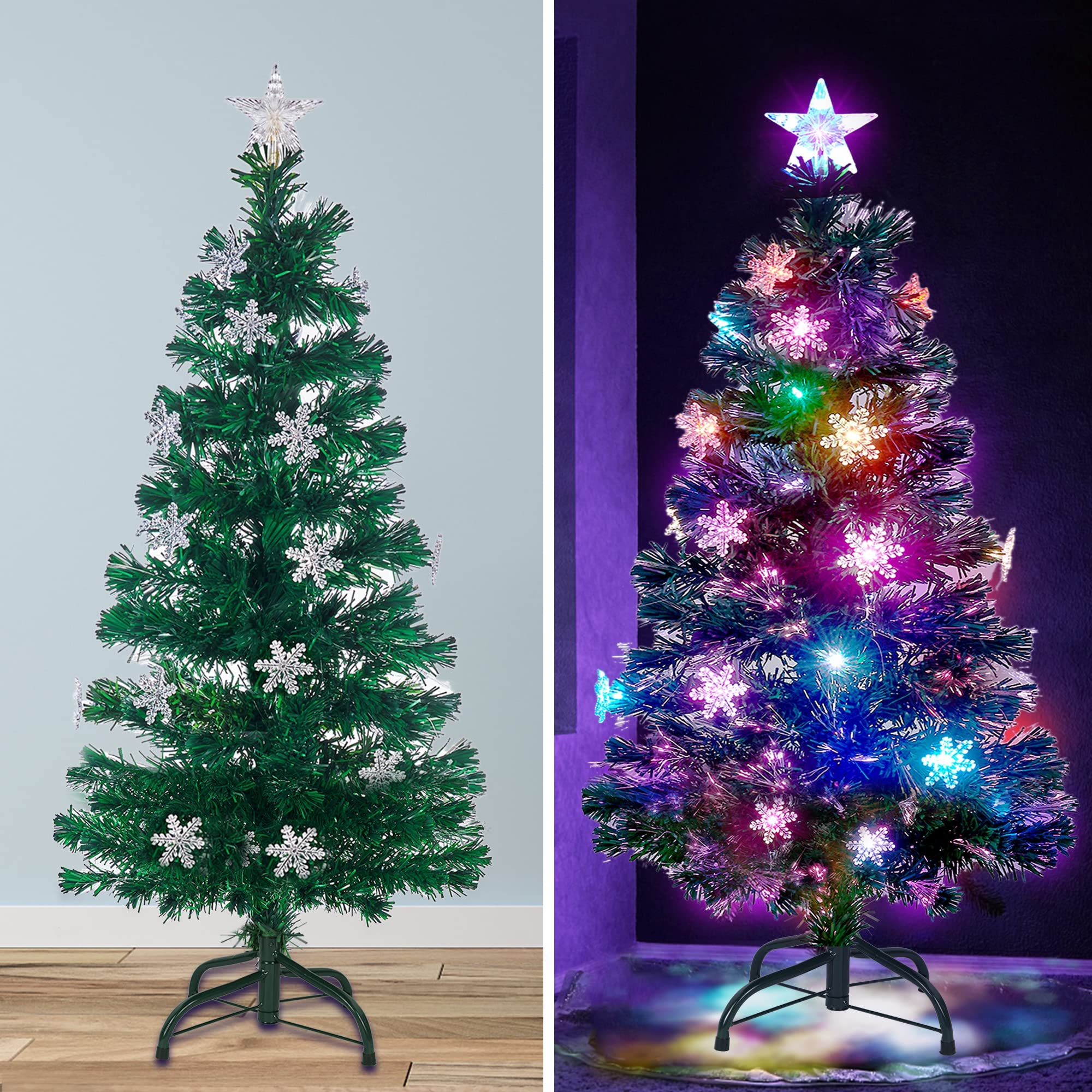Prsildan 5 FT Artificial Christmas Tree, Pre-Lit Optical Fiber Xmas Trees with Multicolor LED Lights, Snowflakes & Top Star, Lighted Christmas Tree Holiday Home Decor