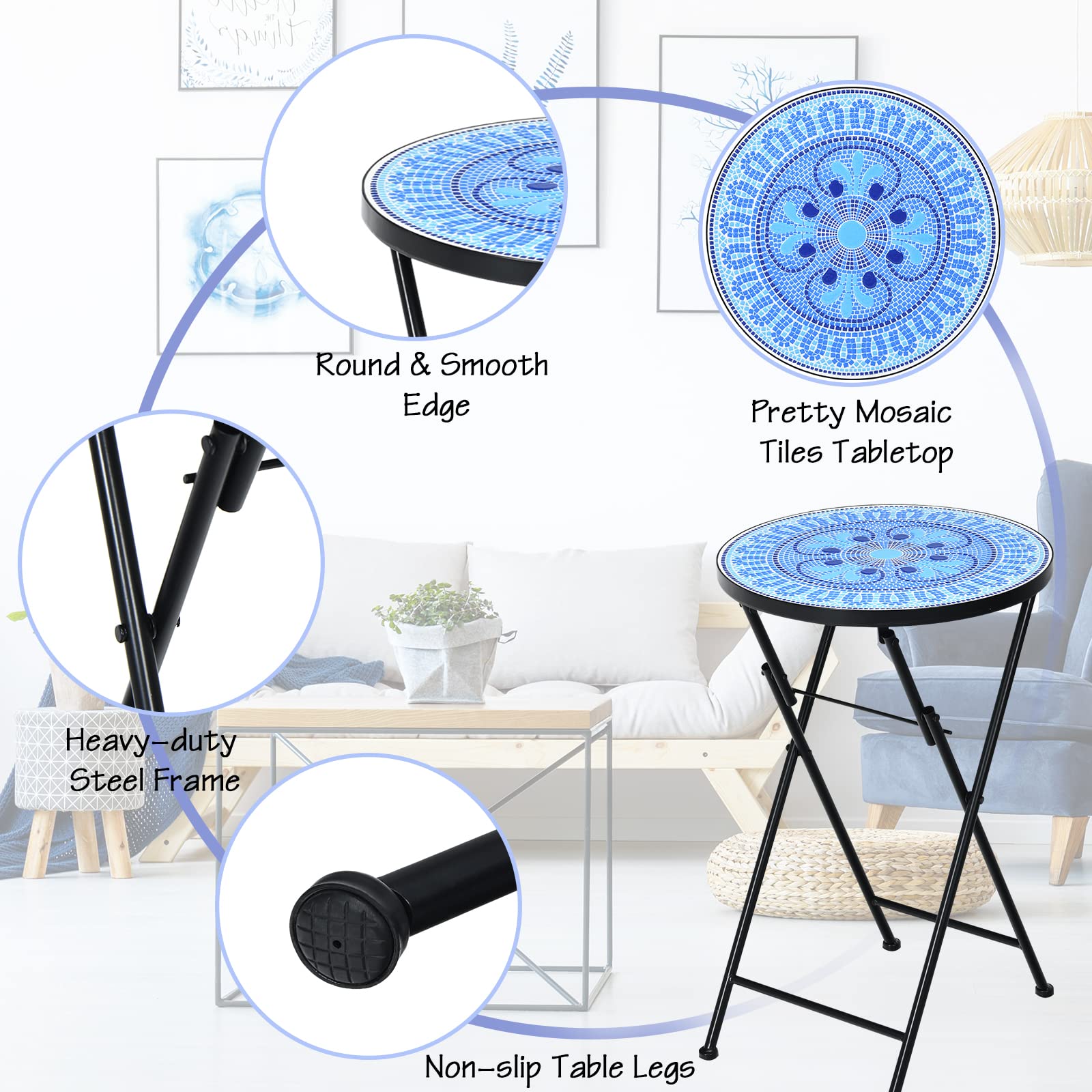 Tangkula 22”H Mosaic Plant Stand, Folding Outdoor Side Table, Round Patio End Table, 14” Ceramic Tile Top Metal Frame, Small Bistro Coffee Table, Outdoor Indoor Accent Table for Porch Garden Balcony