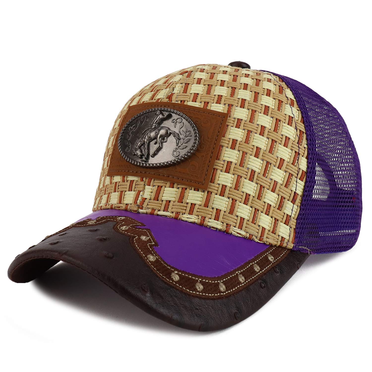 Straw Design Metallic Rodeo Cowboy Horse Metal Logo Trucker Mesh Baseball Cap - CHARCOAL BLACK