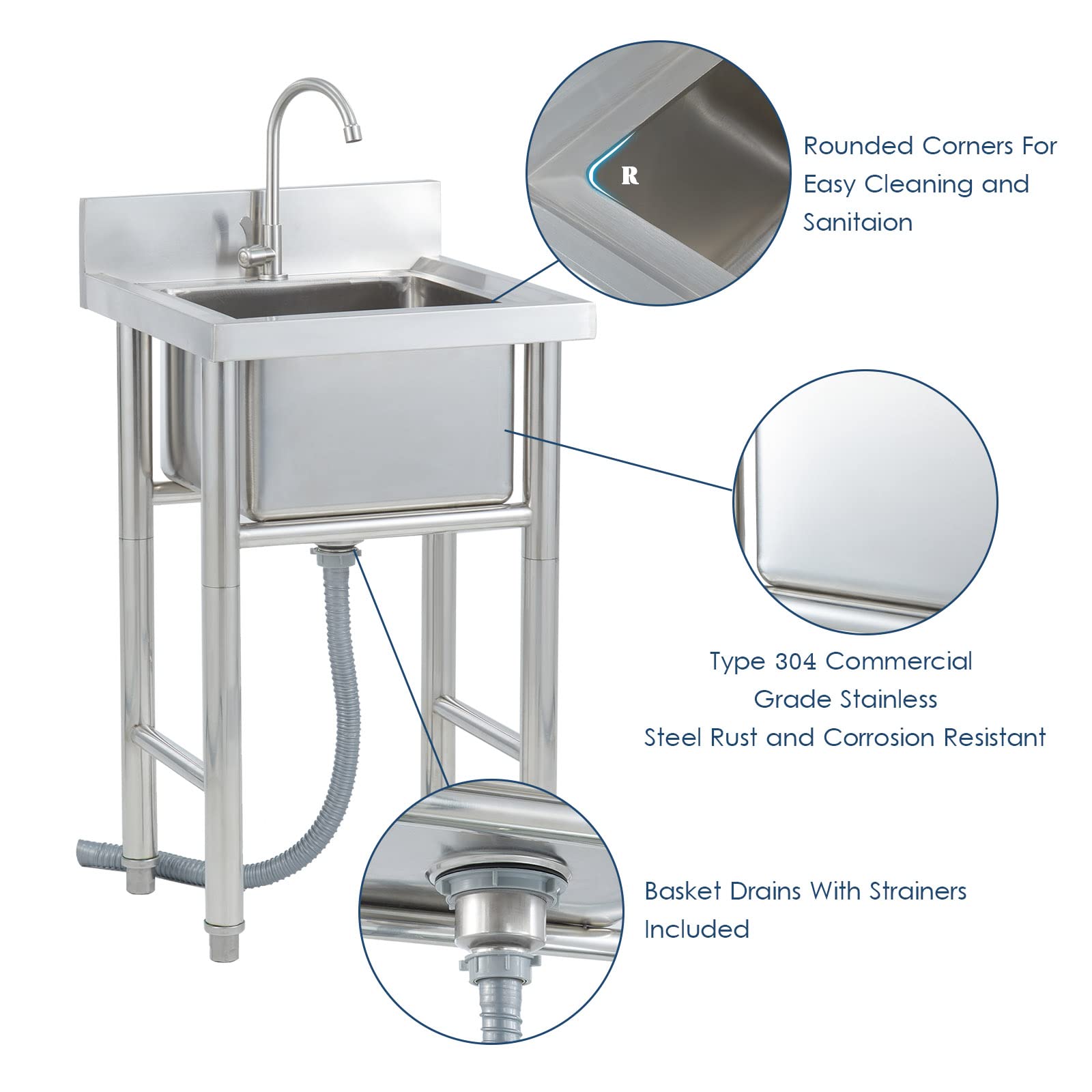 Single Bowl Free Standing Utility Sink, with Faucet and Side Splash, Kitchen Sink For Restaurant, Bar, Laundry, Garage, Backyard, Outdoor