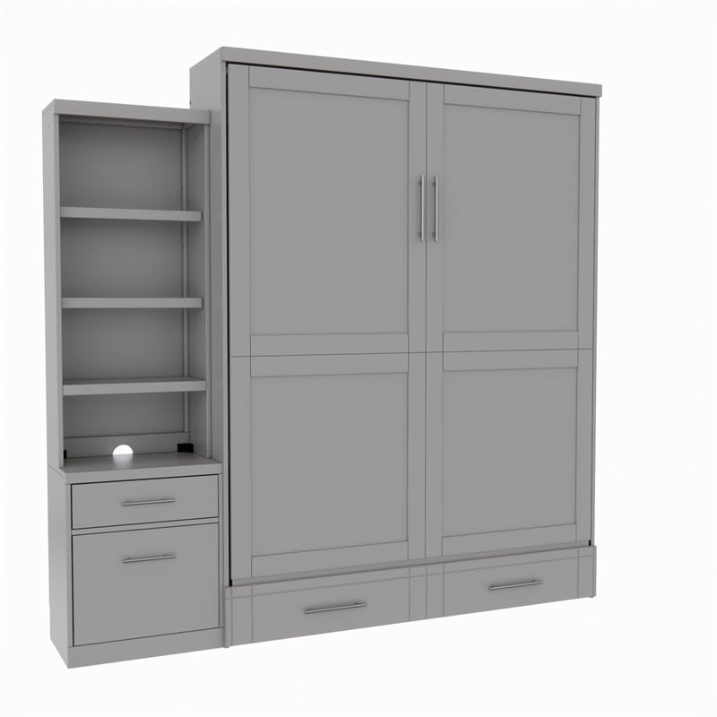 RoomAndLoft Brentwood Queen Contemporary Solid Wood Murphy Wall Bed and Shelf Storage with Drawers in Gray