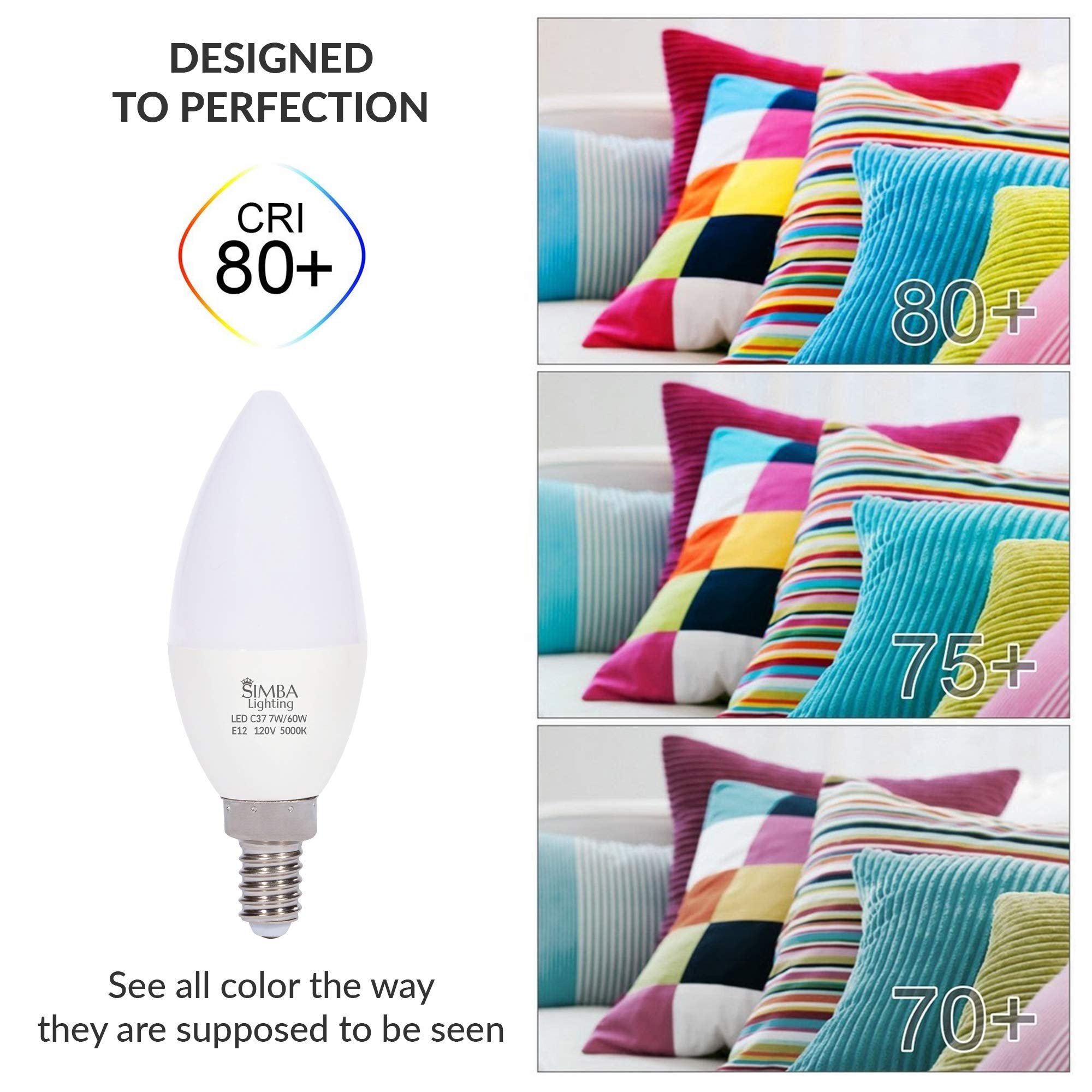 Simba Lighting LED Candelabra Light Bulbs B11 (C37) Candle Shape E12 Base (6 Pack) | Decorative 7W 60W Replacement 110V, 120V for Chandelier, Ceiling Fan, PC Cover, Non-Dimmable, Daylight 5000K