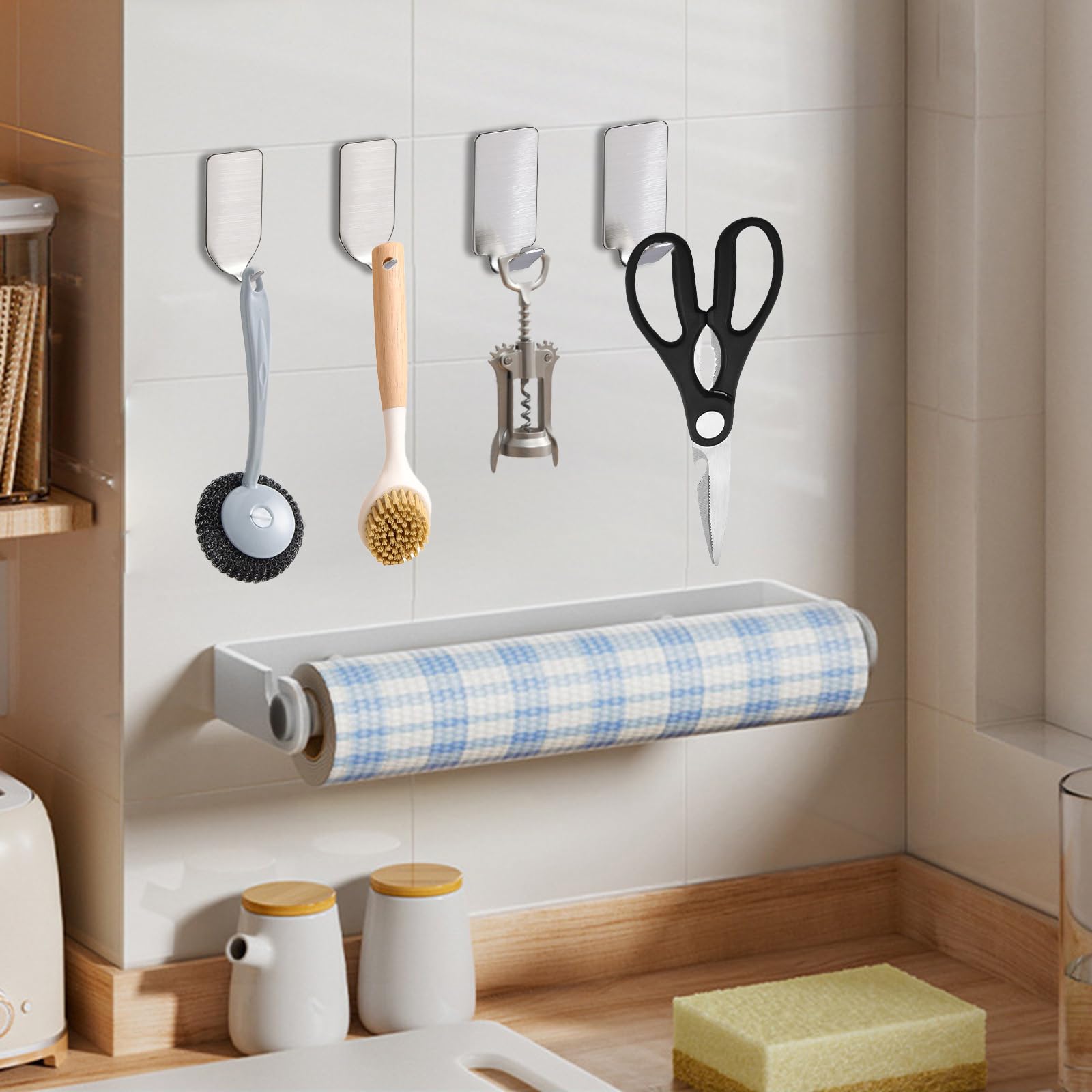 WSZBDY Paper Towel Holder Under Cabinet for Kitchen, Paper Roll Holder, Wall Mount Paper Towel Holder, Towel Hooks, Self Adhesive or Screw Mounting Hooks Wall Mount for Kitchen, Bathroom