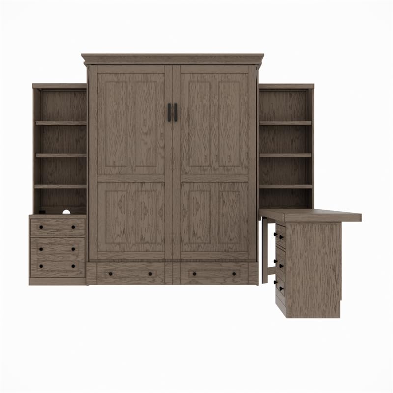RoomAndLoft Windsor Queen Solid Wood Murphy Wall Bed and Two Shelf Storage Units with Single Side Desk and Drawers in Gray
