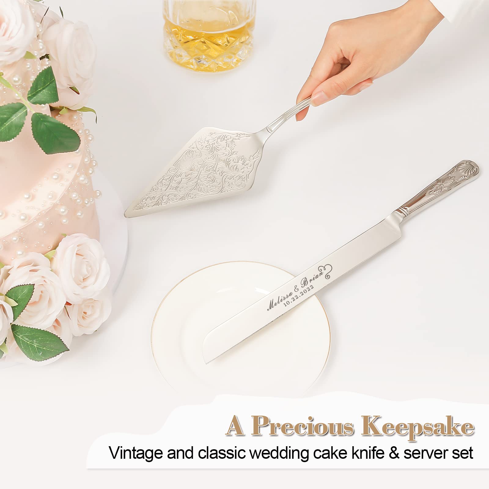TUKDAK Silver Cake Knife and Server Set, Personalized Cake Cutting Set For Wedding, Cake Cutter Pie Pizza Server Set, Engraved Cake Serving Set for Anniversary Birthday Party Gift (Silver)