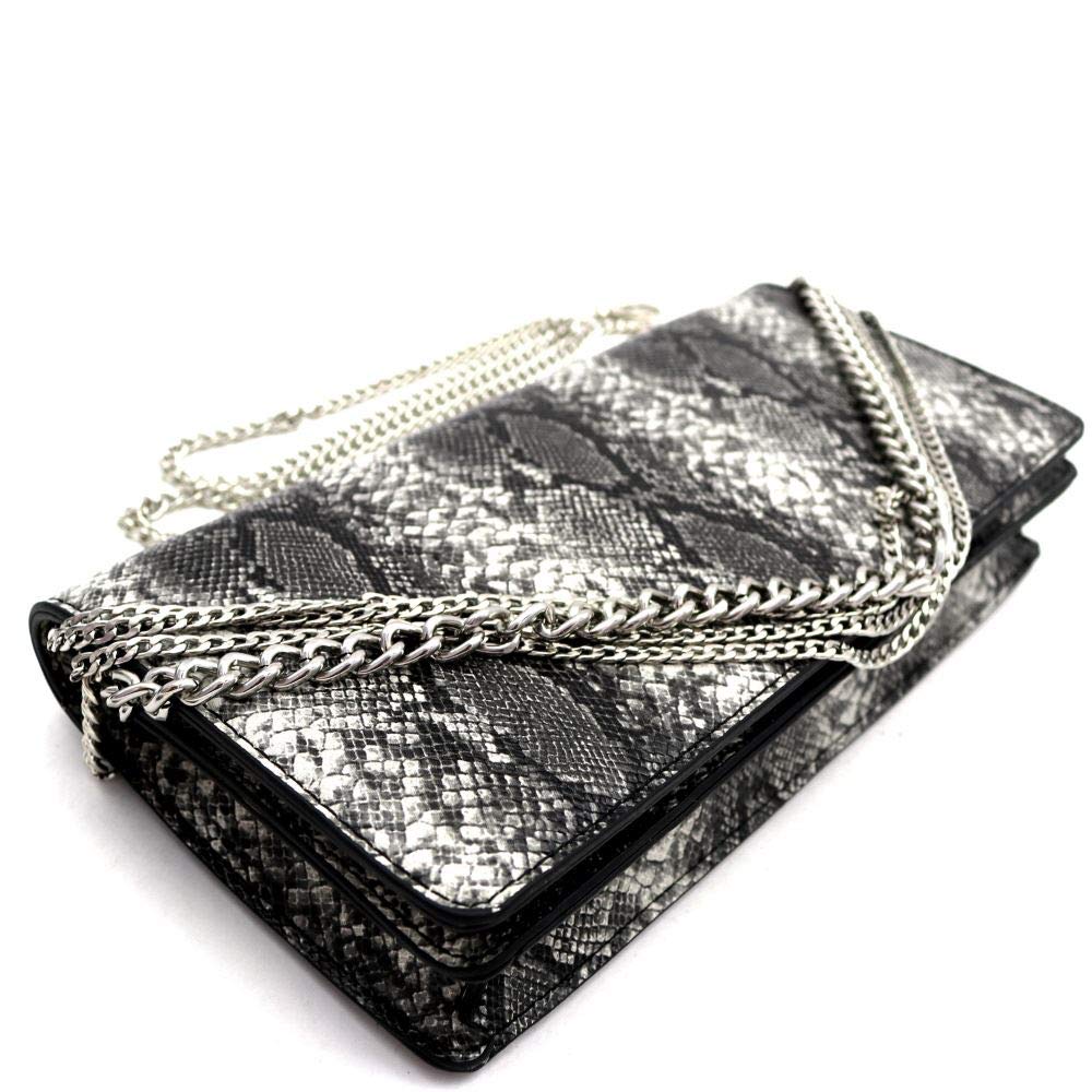Trendeology Chain Multicolored Snake Crocodile Print Long Party Clutch Purse Shoulder Bag (2Snake Print - Black)