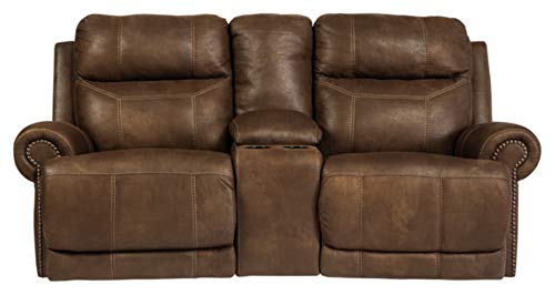 Signature Design by Ashley Austere Contemporary Double Reclining Loveseat with Nailhead Trim, Brown