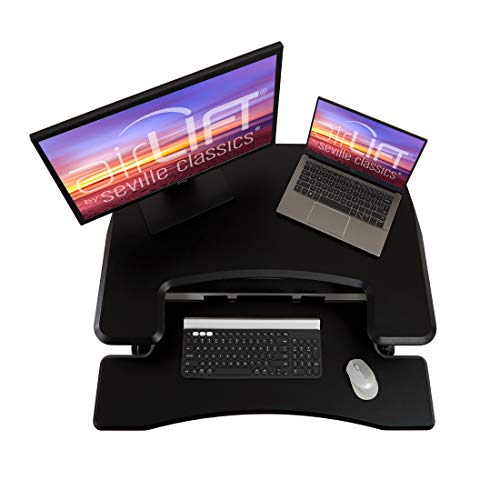 Seville Classics Airlift Height Adjustable Sit Converter Workstation Standing Ergonomic Dual Monitor Riser Keyboard Tray & Phone/Tablet Holder, Cut-Out Desk 35", Black