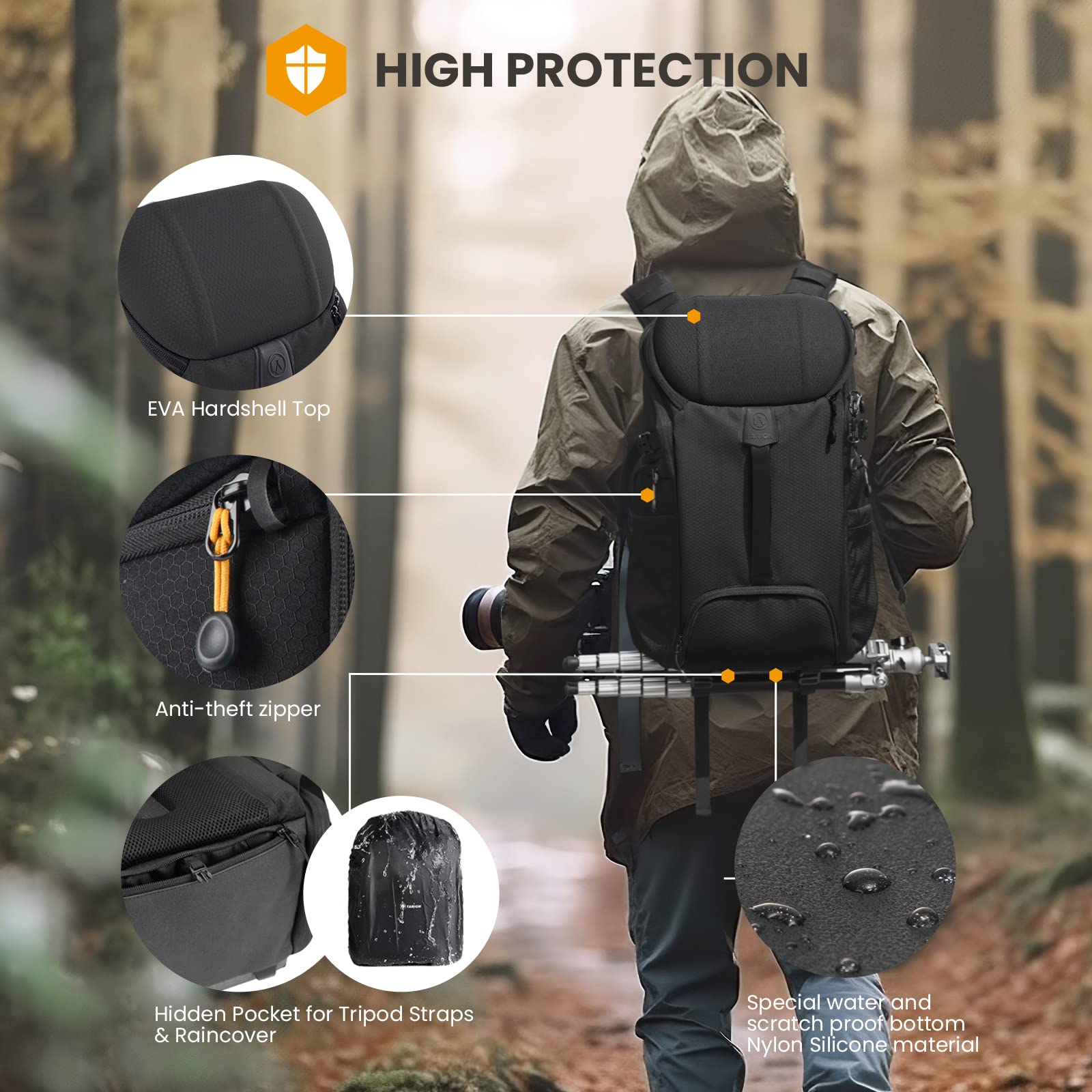 TARION Large Camera Backpack Bag - Large Photo Backpack with ๐๐ฎ๐๐ฅ-๐๐ข๐๐ ๐๐ฉ๐๐ง๐ข๐ง๐ 15.6" Laptop Sleeve Waterproof Raincover DSLR Backpack for Outdoor Photography Hiking Travel Black HX-L