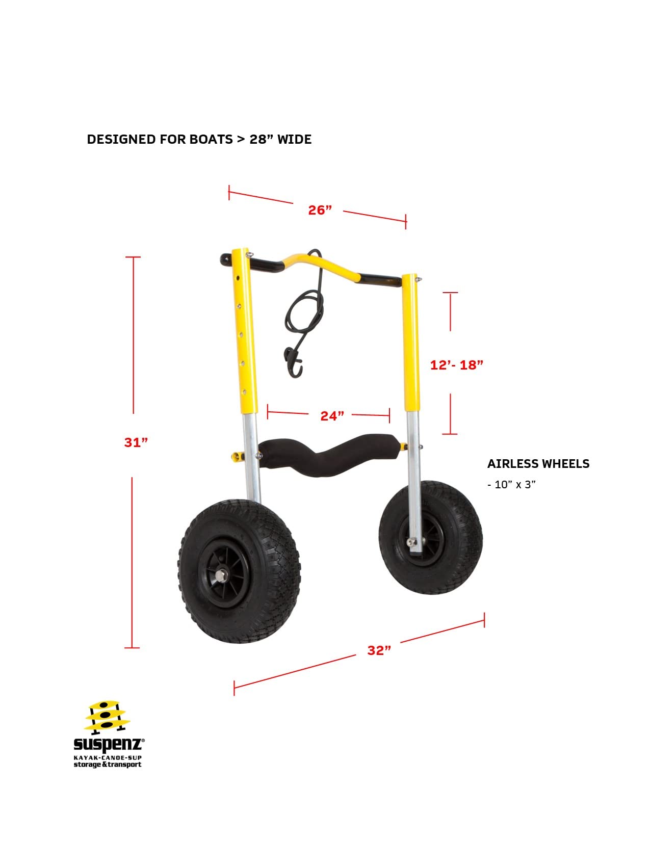 Suspenz Kayak Canoe Transport Cart, XL END Carrier Trolley with Airless Wheels, Yellow (22-0099)