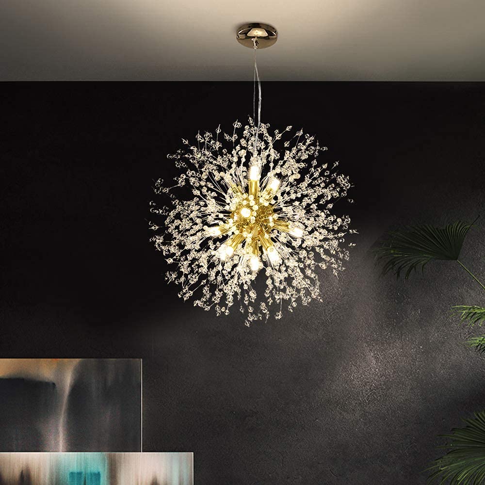 Qamra Modern Crystal Gold Chandeliers, Firework Dandelion Sputnik Chandelier Light Fixture Pendant Lighting for Dining Room, Bedroom, Kitchen, Living Room(12-Light, Gold)