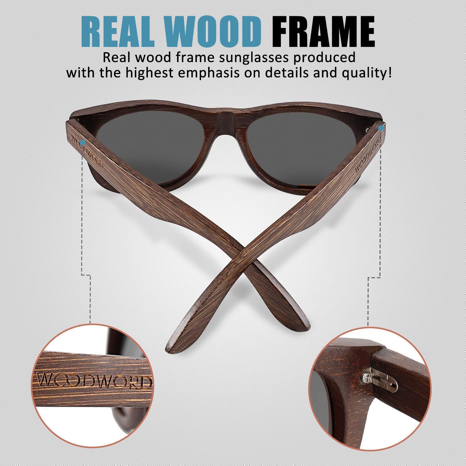 WOODWORD Polarized Wood Sunglasses for Men Women - Bamboo Wood Sunglasses with Wood Case (Black)