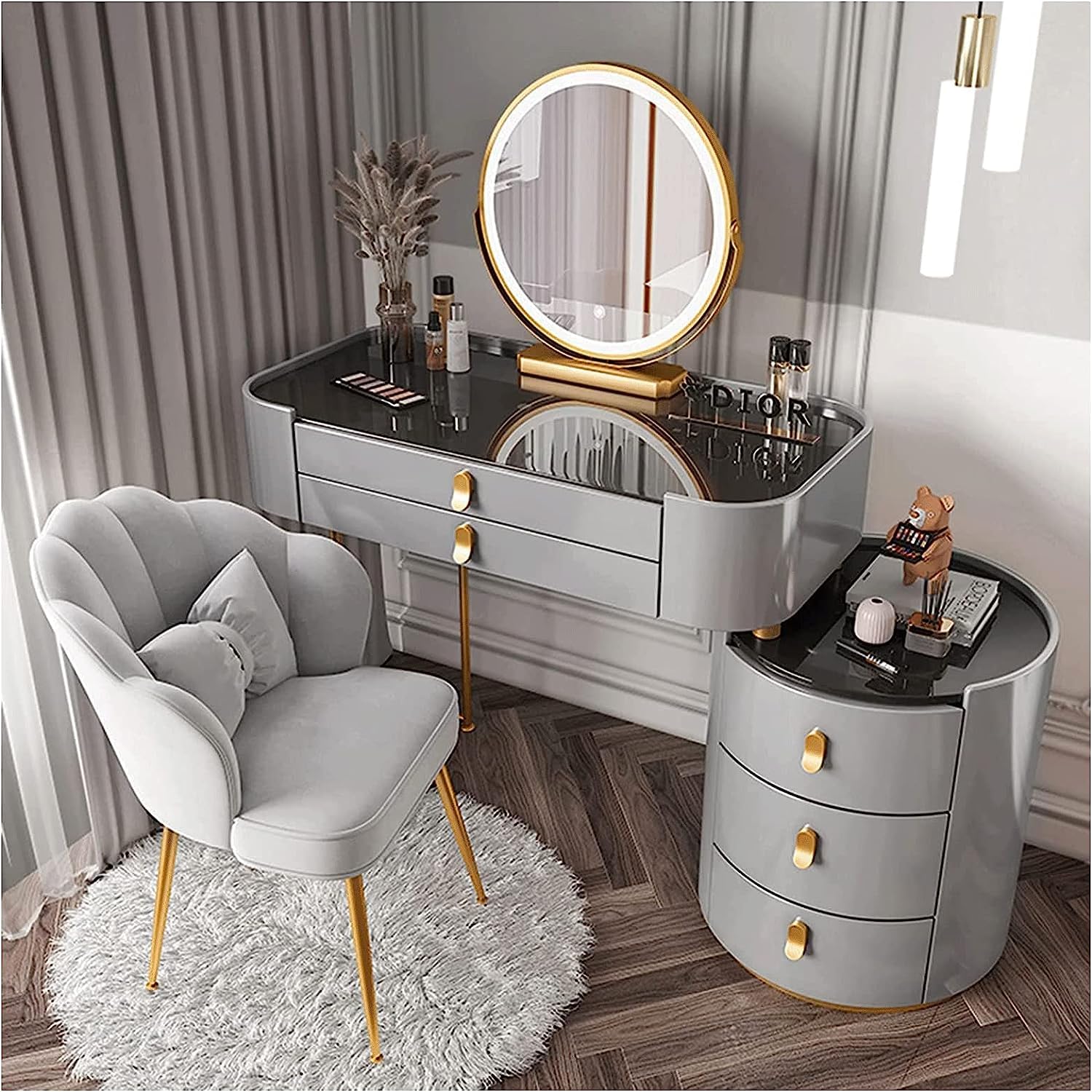 SAAKO Gorgeous Vanities Vanity Desk with Led Mirror Dressing Table Glass Top Nightstand with Makeup Chair Makeup Vanity 3 Drawers Vanity Table Set Elegant Design