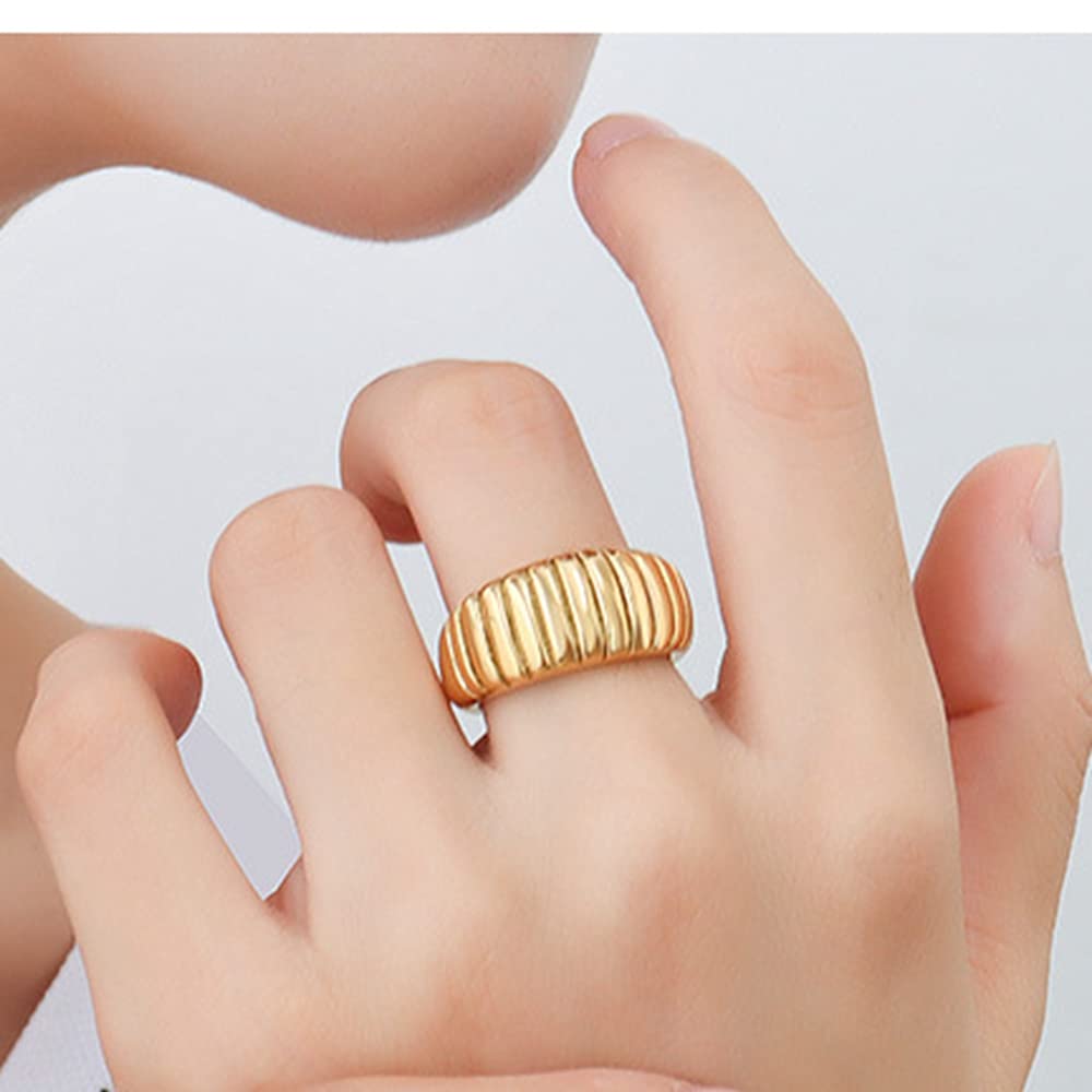 Stainless Steel Fat Domed Grooved Style Wedding Statement Cocktail Party Anniversary Christmas Ring (Gold, 7)