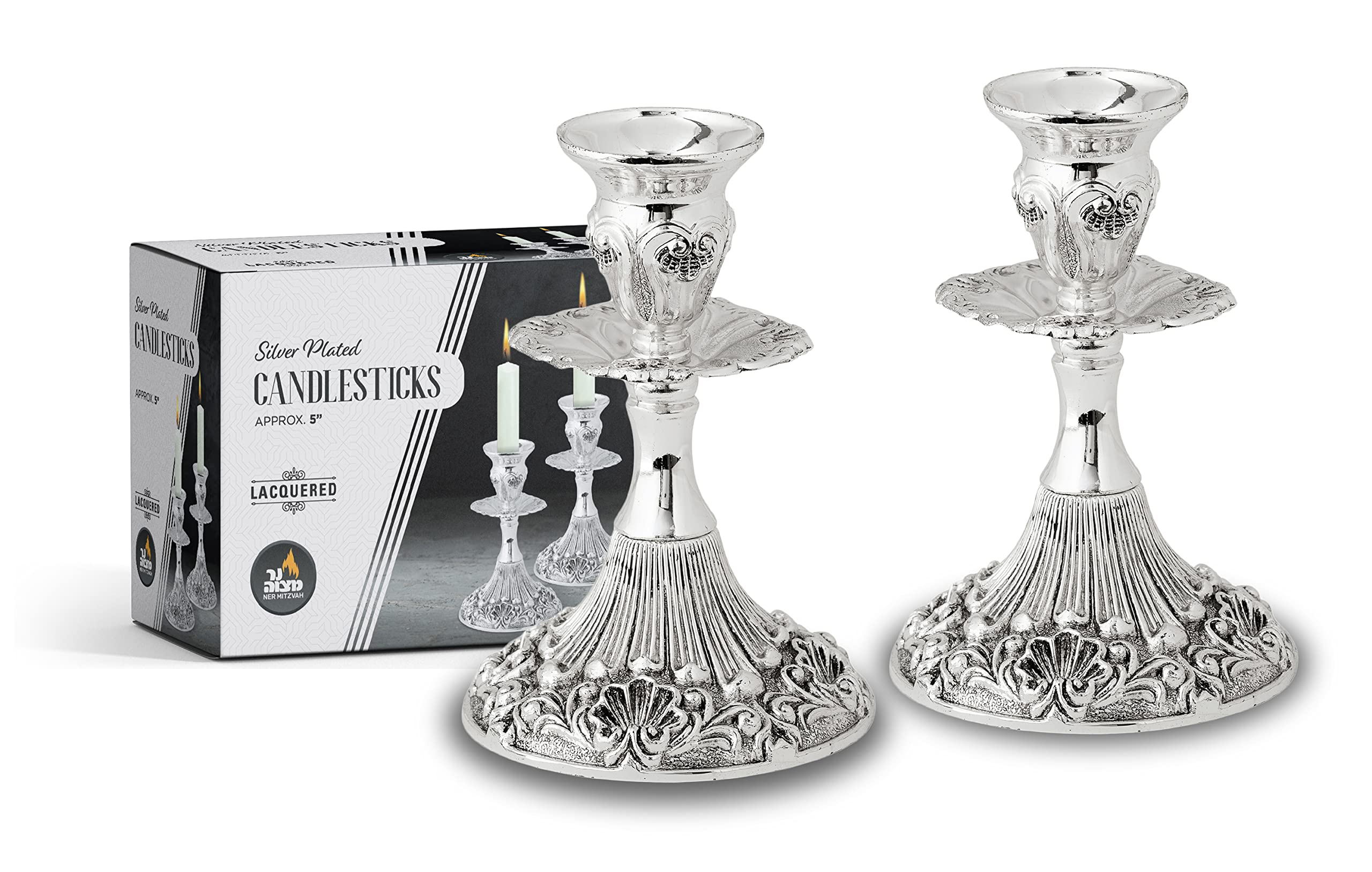 Silver Plated Candlesticks - 2 Pack Set - Pair of 5 Inch Ornate Candle Holders with Round Base and Floral Design