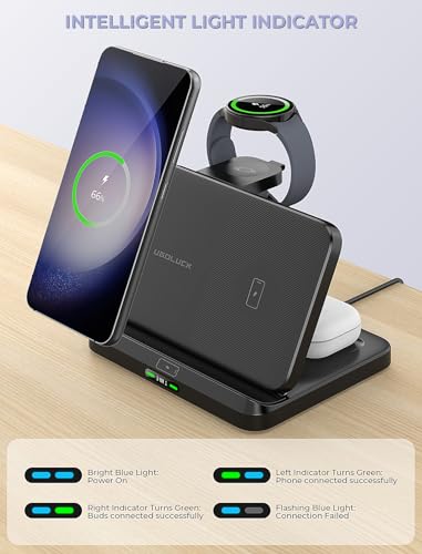 Wireless Charging Station for Samsung and Android, 3 in 1 Foldable Wireless Charger Fast Charger Stand for Galaxy S24/S23/S22/S21/S20 Z Fold 5/4/3 Z Flip 5/4/3, Note20 Ultra, Watch 6/5/Pro/4/3, Buds