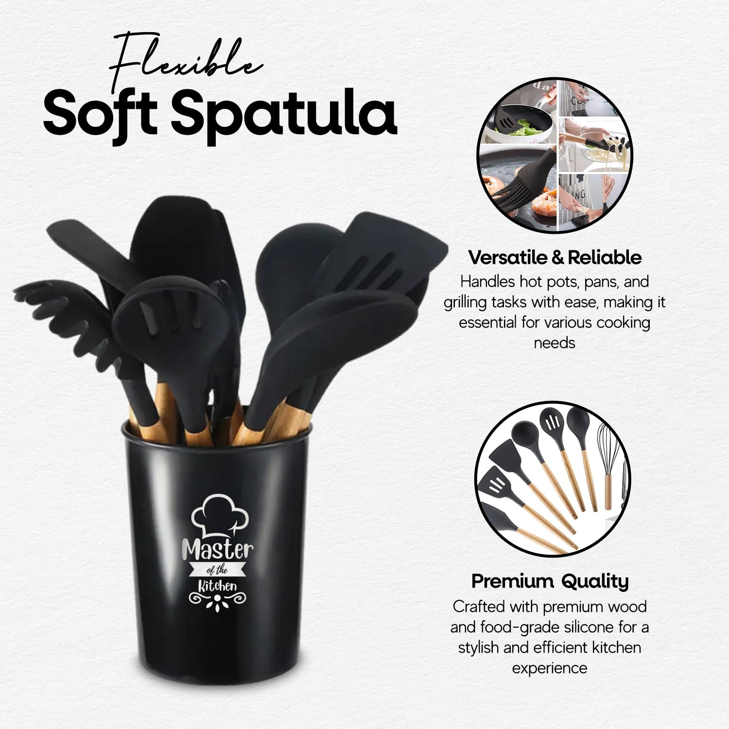 Silicone Cooking Set, 12 pcs Kitchen Utensils Set, Wooden Handle, Bucket Storage, High-Temperature Resistance, Scratch-Free, Cooking Spoons for Nonstick, Best Kitchen Tools, 1st Apartment Kitchen
