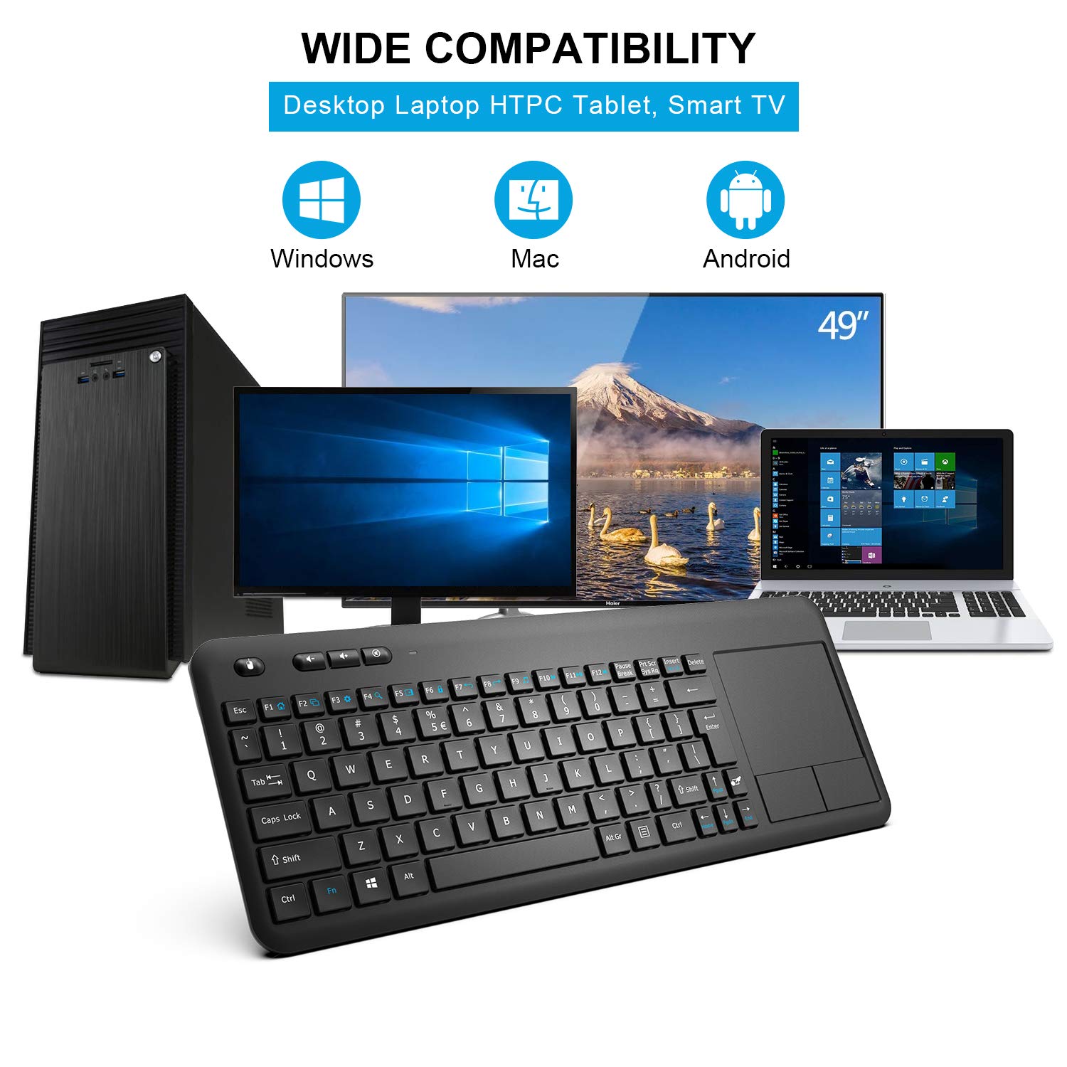 Wireless Keyboard with Touchpad, WisFox 2.4G Slim Ergonomic Wireless Keyboard with Easy Media Control and Built-in Touch Pad for PC Laptop Windows Google Smart TV HTPC Android