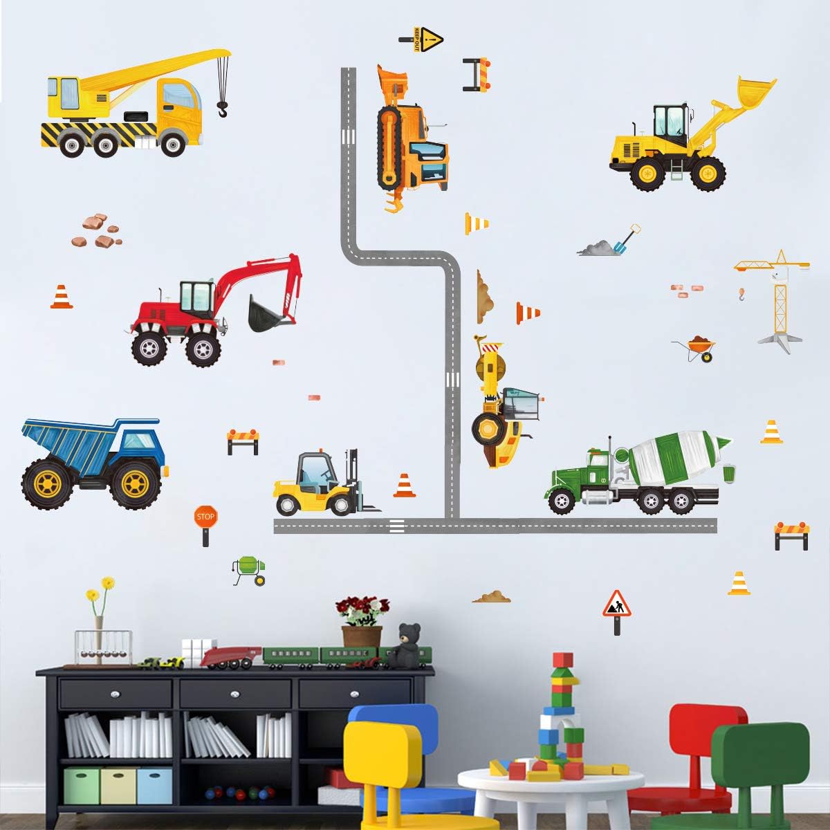 Runtoo Construction Vehicles Wall Decals Road Trucks Tractor Wall Stickers Kids Boys Bedroom Nursery Wall Décor