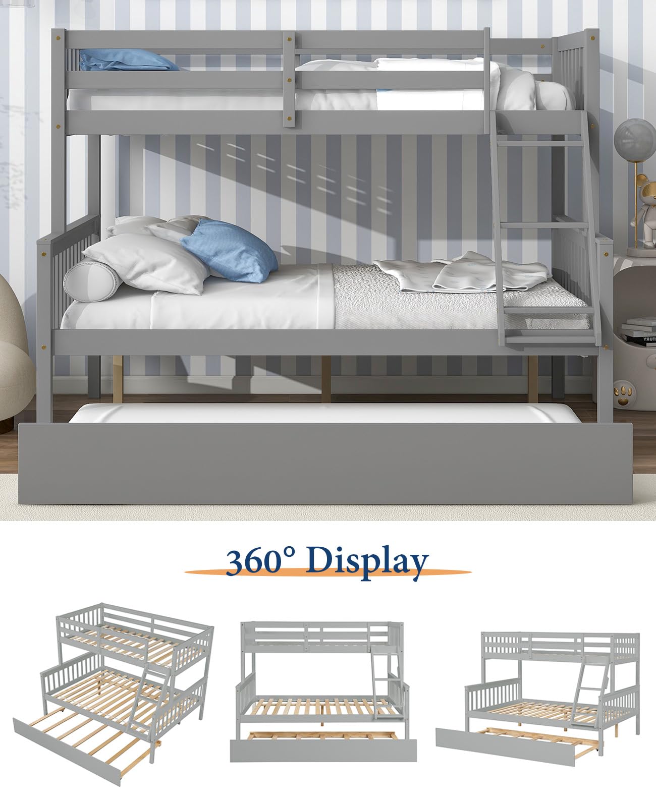 Tatub Twin Over Twin Bunk Bed with Trundle, Pine Wood Frame, Ladder and Guard Rails, Solid Bunk Bed with Trundle for Kids, Teens, Boys and Girls, No Box Spring Needed, White