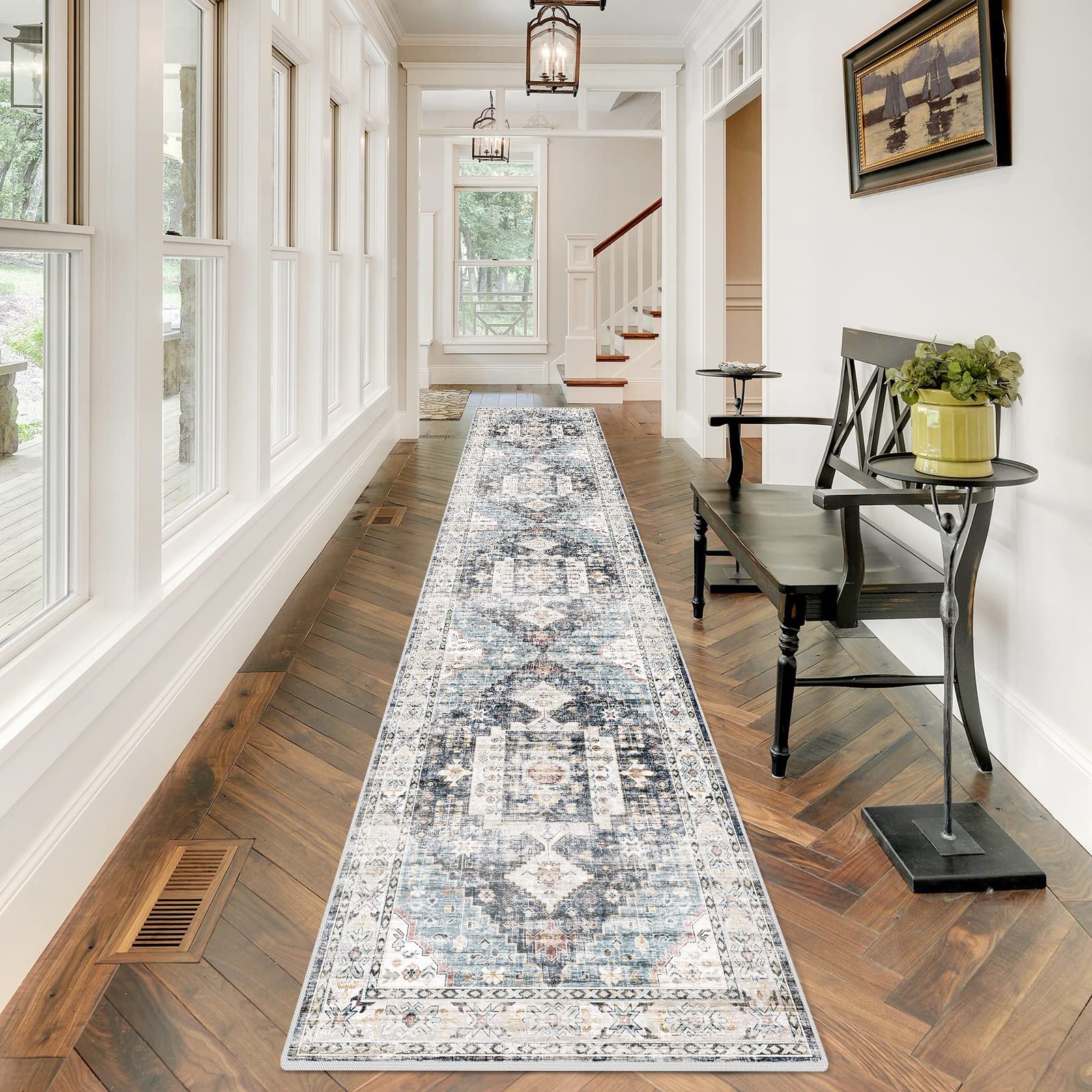 RUUGME Washable Runner Rug 2'6x12 - Vintage Kitchen Area Rug Stain Resistant Rugs for Living Room Bedroom Laundry Room Mat Distressed Rug Hallway Floor Carpet Runner for Bathroom